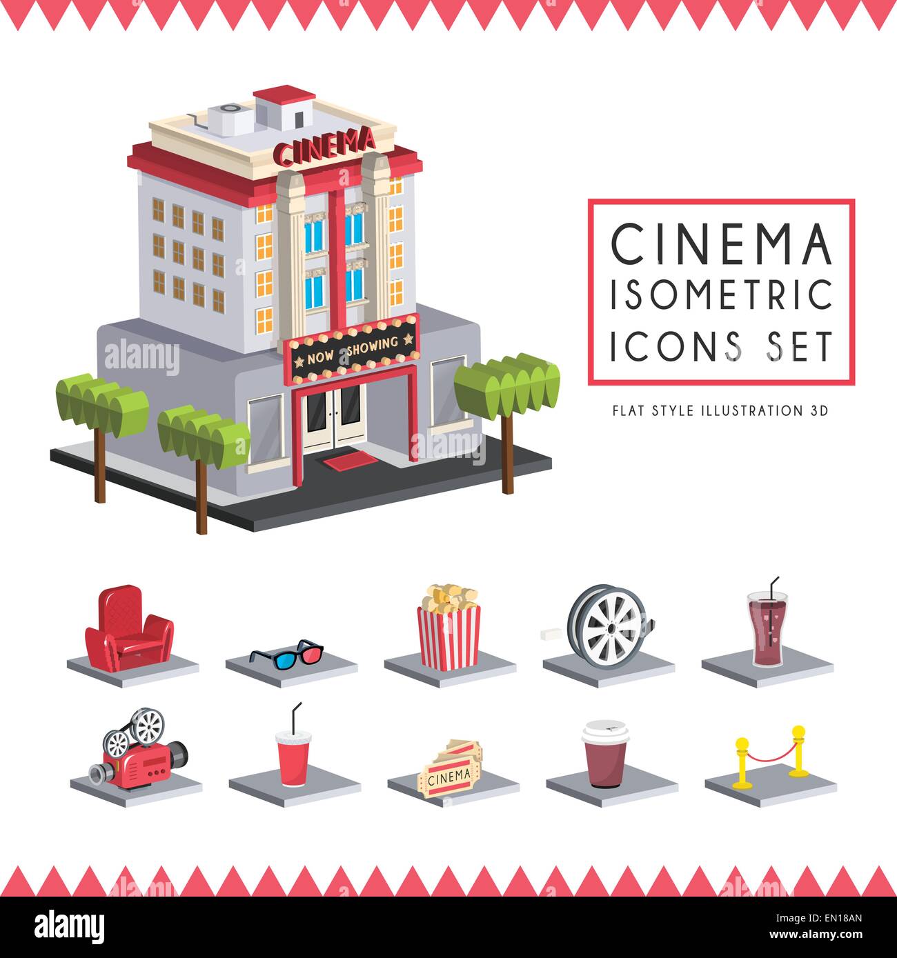 flat 3d isometric cinema icons set illustration over white background ...