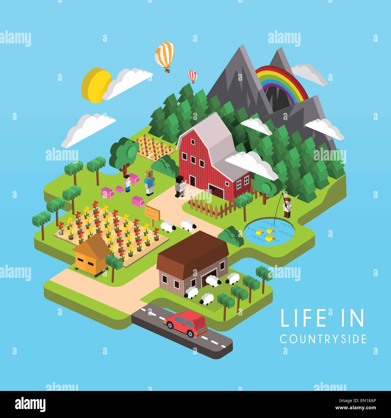 flat 3d isometric life in countryside illustration over blue background ...