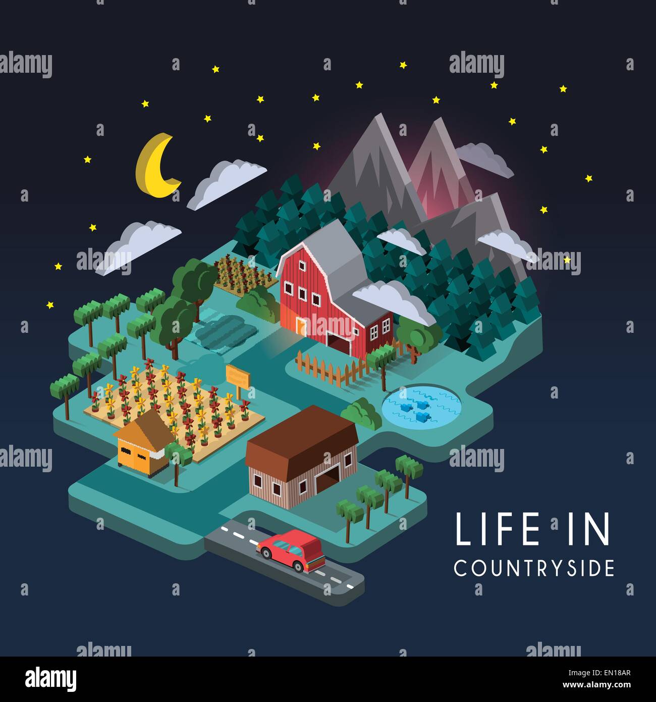 flat 3d isometric life in countryside illustration over dark background ...