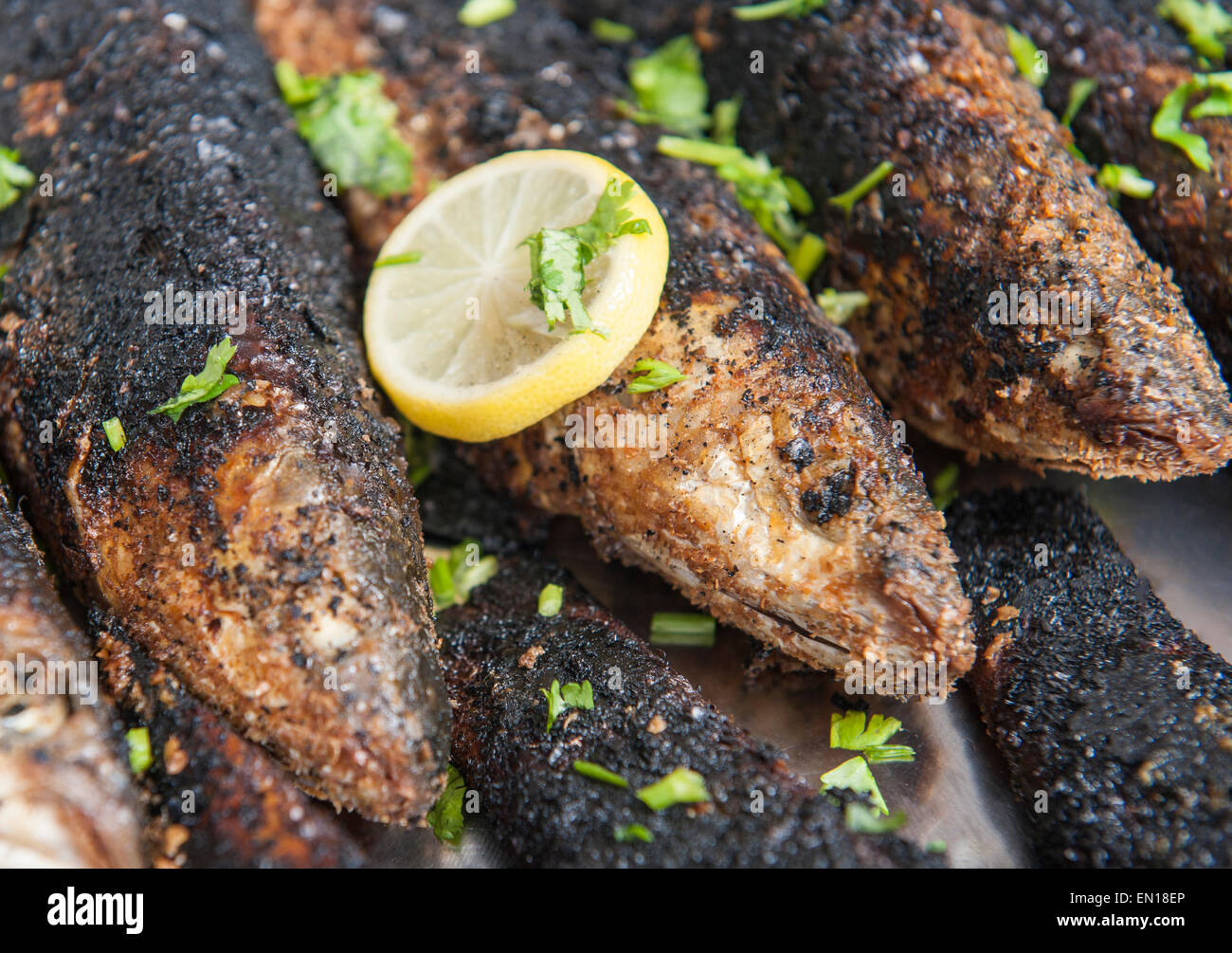 Closeup detail of oriental grilled fish on display at a hotel ...