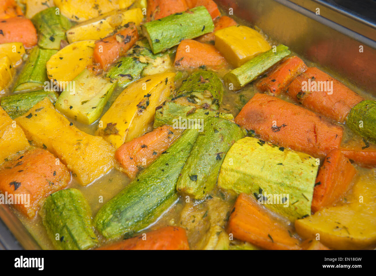 Closeup detail showing arrangement of sauteed vegetables on display at ...