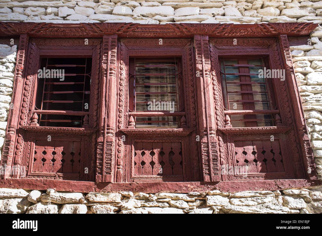 Decorated house window, Marpha Village, Annapurna Circuit, Nepal Stock ...