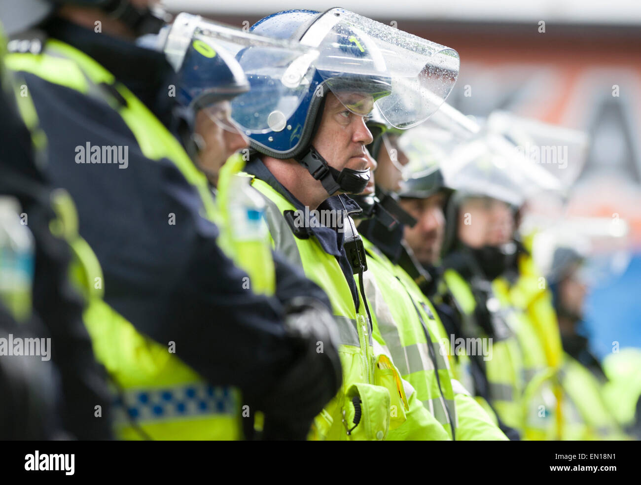 Riot police line up at Leppings Lane Hillsborough during a Championship ...
