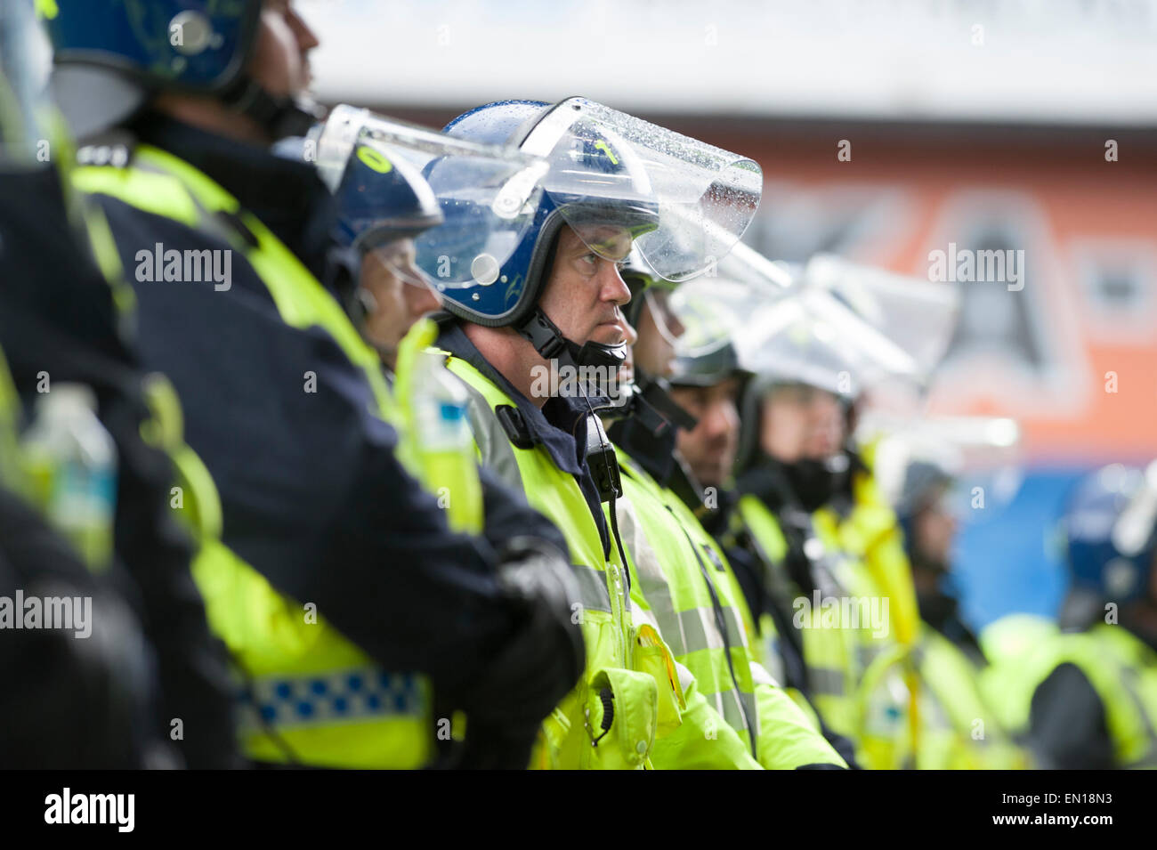 Riot police line up at Leppings Lane Hillsborough during a Championship ...