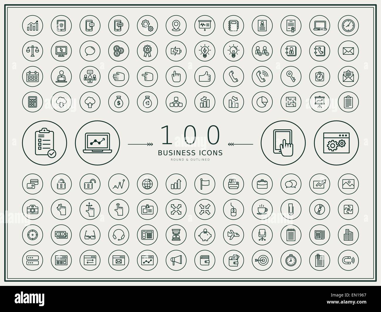 100 business round icons set over beige background Stock Vector Image ...