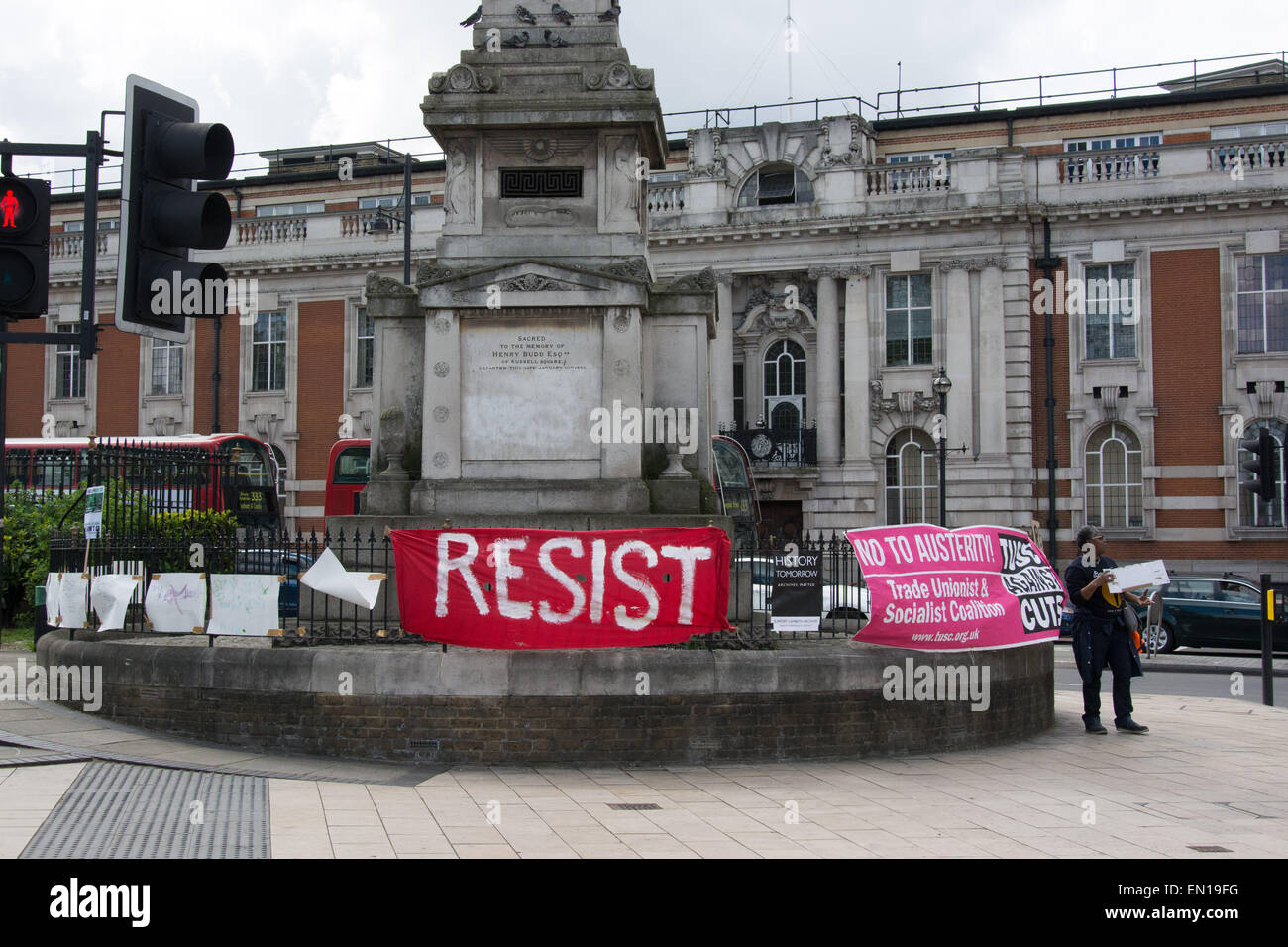 Brixton, London, 25th April 2015 Banners in Windrush Square as anti ...