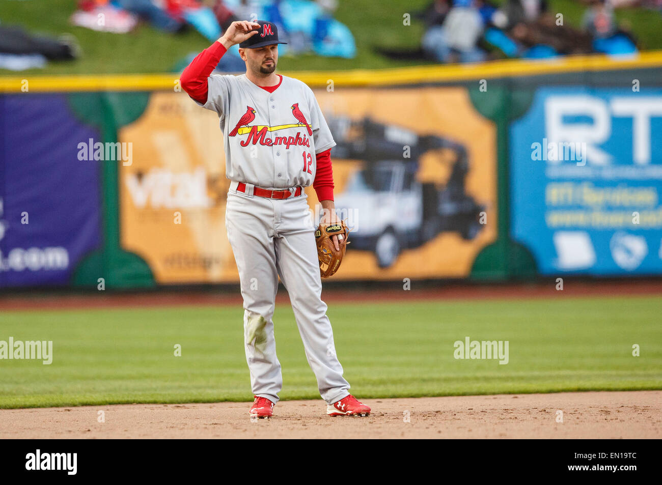 Omaha, NE, USA. 21st Apr, 2015. Memphis Redbirds third baseman Scott ...