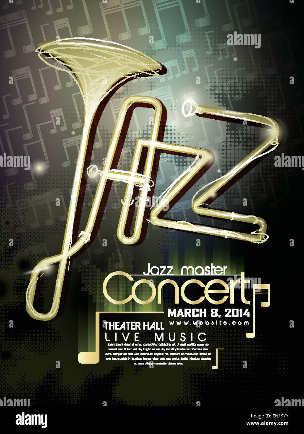 jazz concert poster template with trumpet and notes elements Stock ...