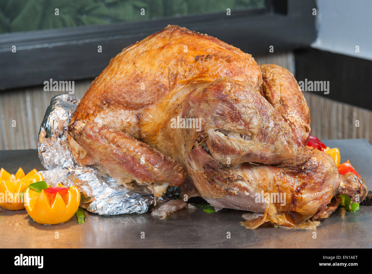 Closeup of roasted turkey on display at a restaurant buffet carvery ...