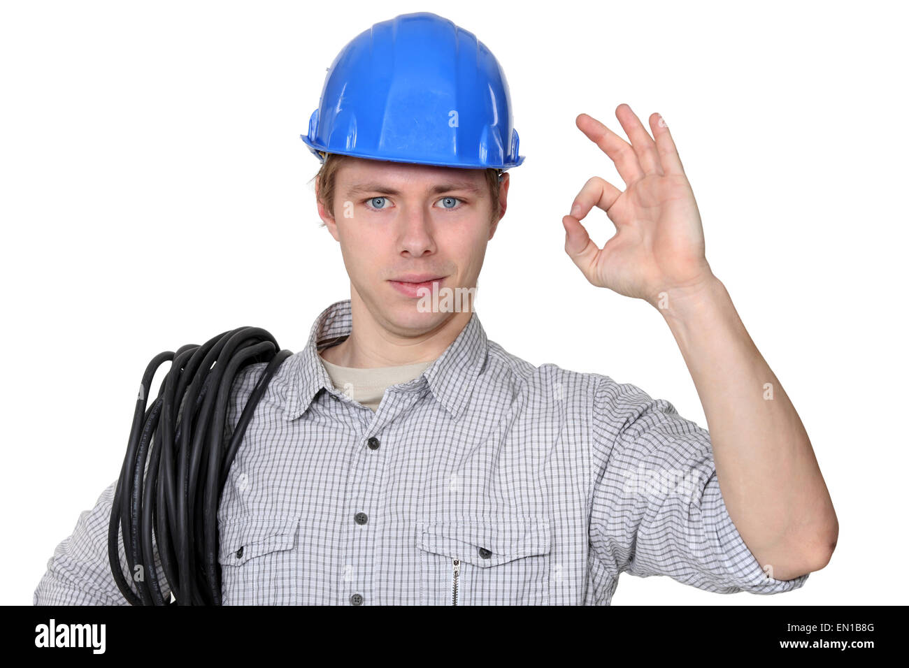Electrician giving the ok sign Stock Photo - Alamy