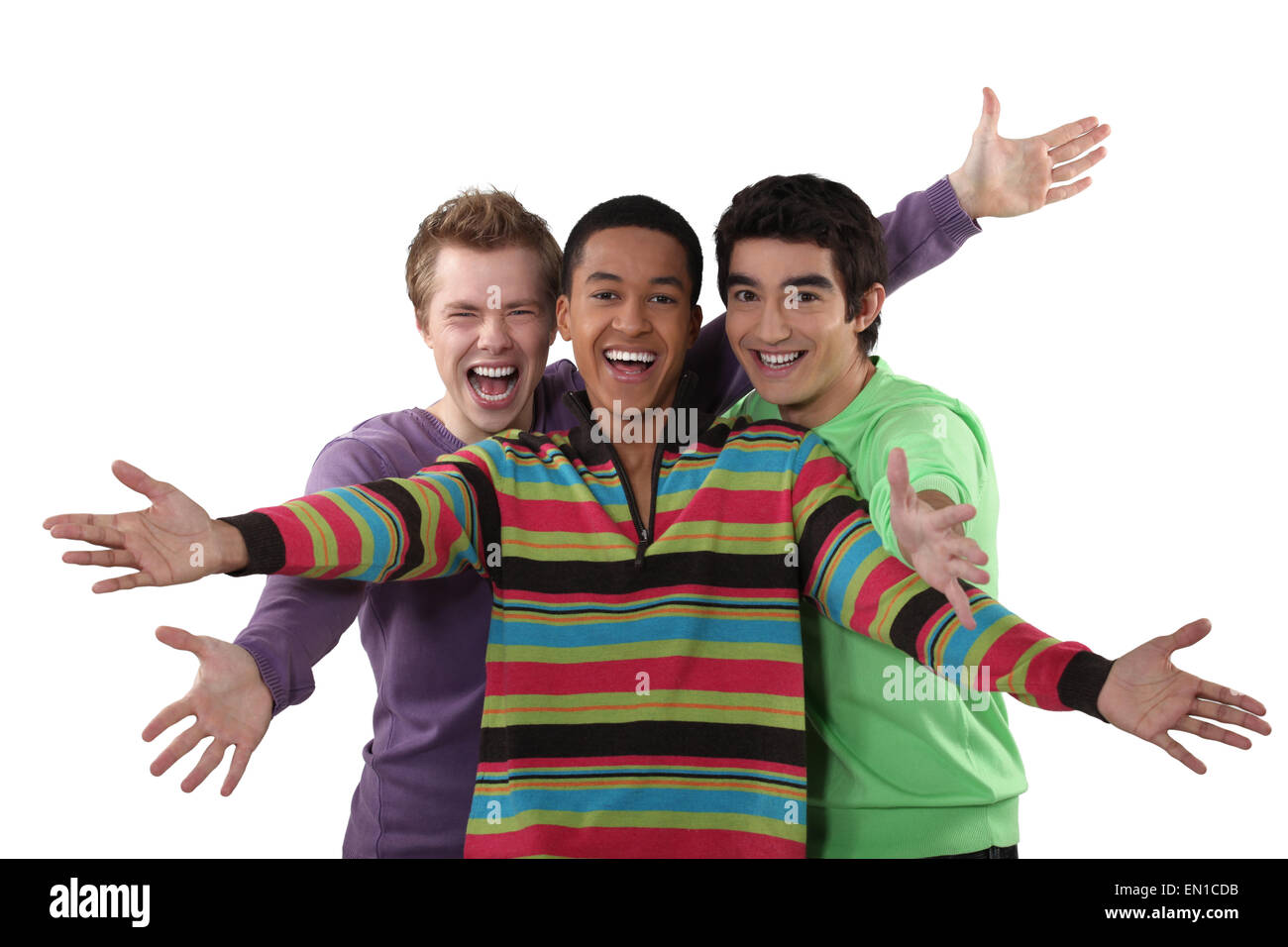 Three friends cheering Stock Photo - Alamy