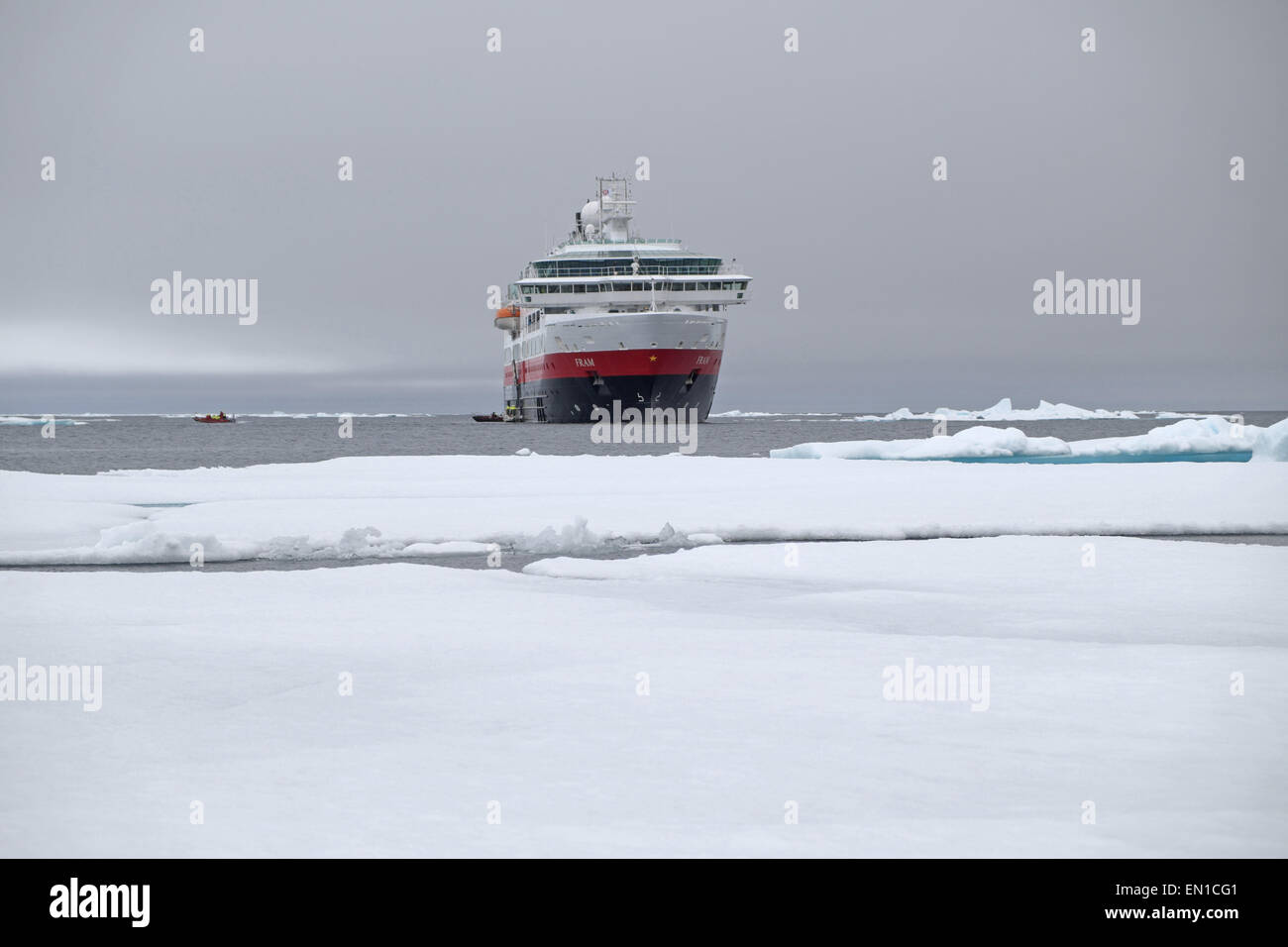 Arctic cruise ship MV Fram at the edge of the North Polar ice sheet ...