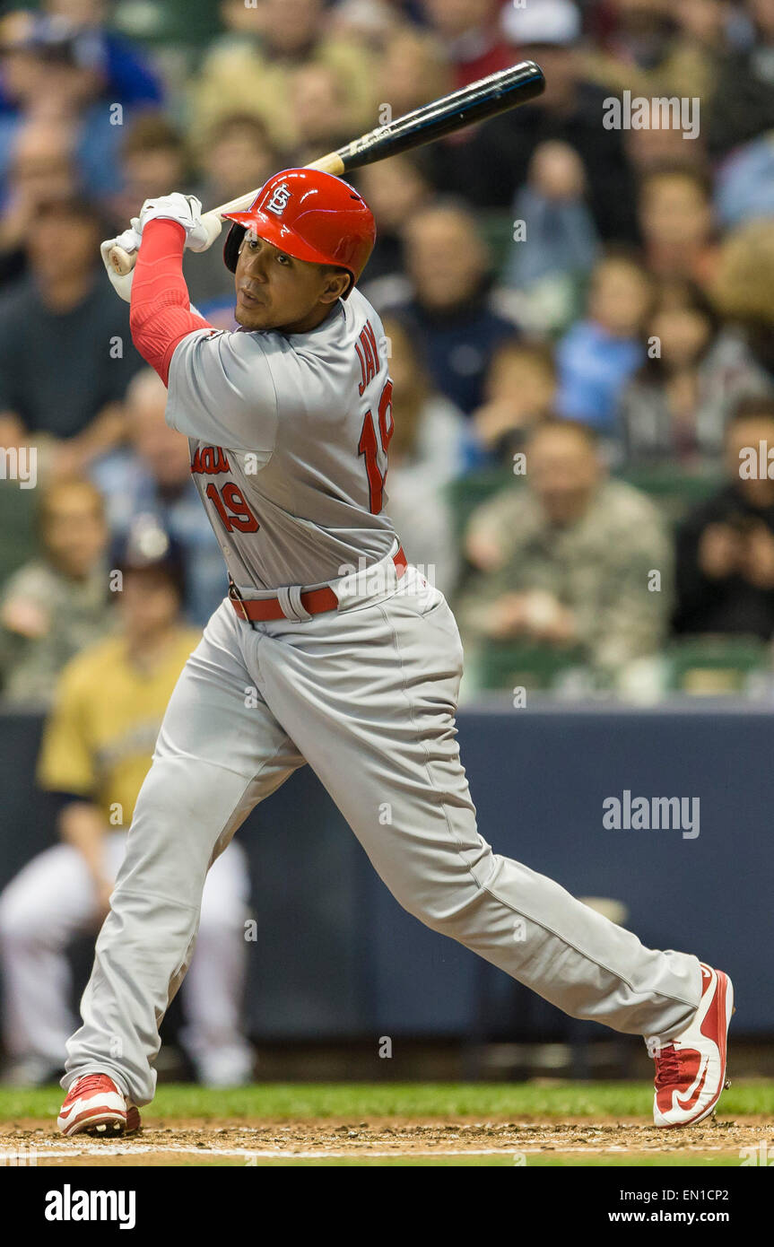 Milwaukee, WI, USA. 24th Apr, 2015. St. Louis Cardinals center fielder ...