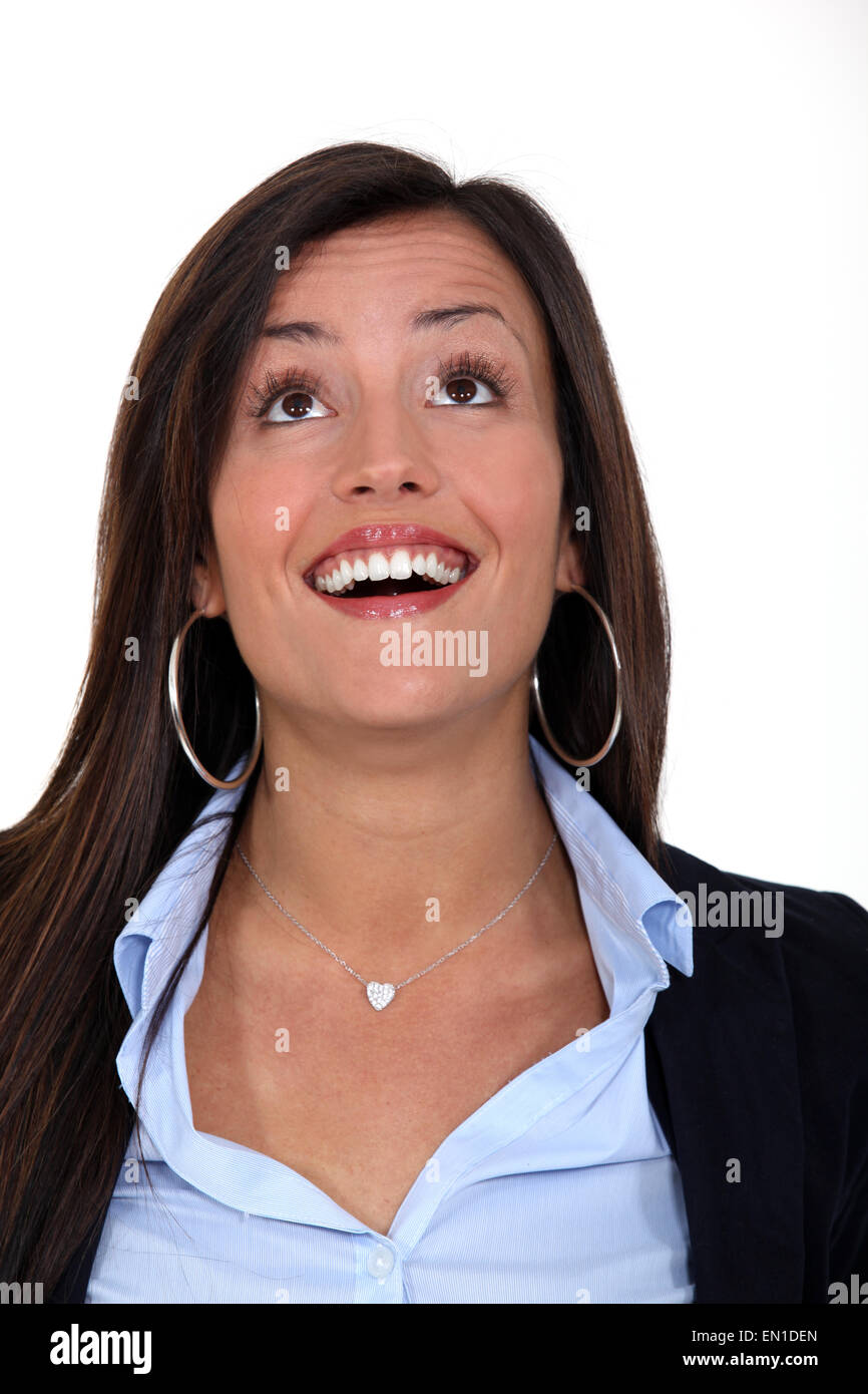 Woman laughing teeth look up hi-res stock photography and images - Alamy