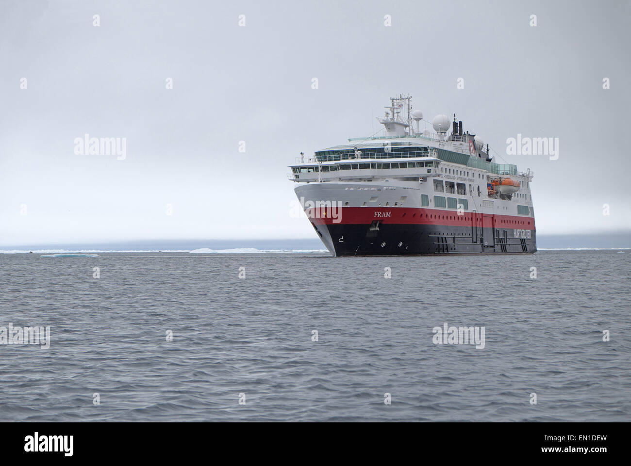 Arctic cruise ship MV Fram at the edge of the North Pole ice sheet ...