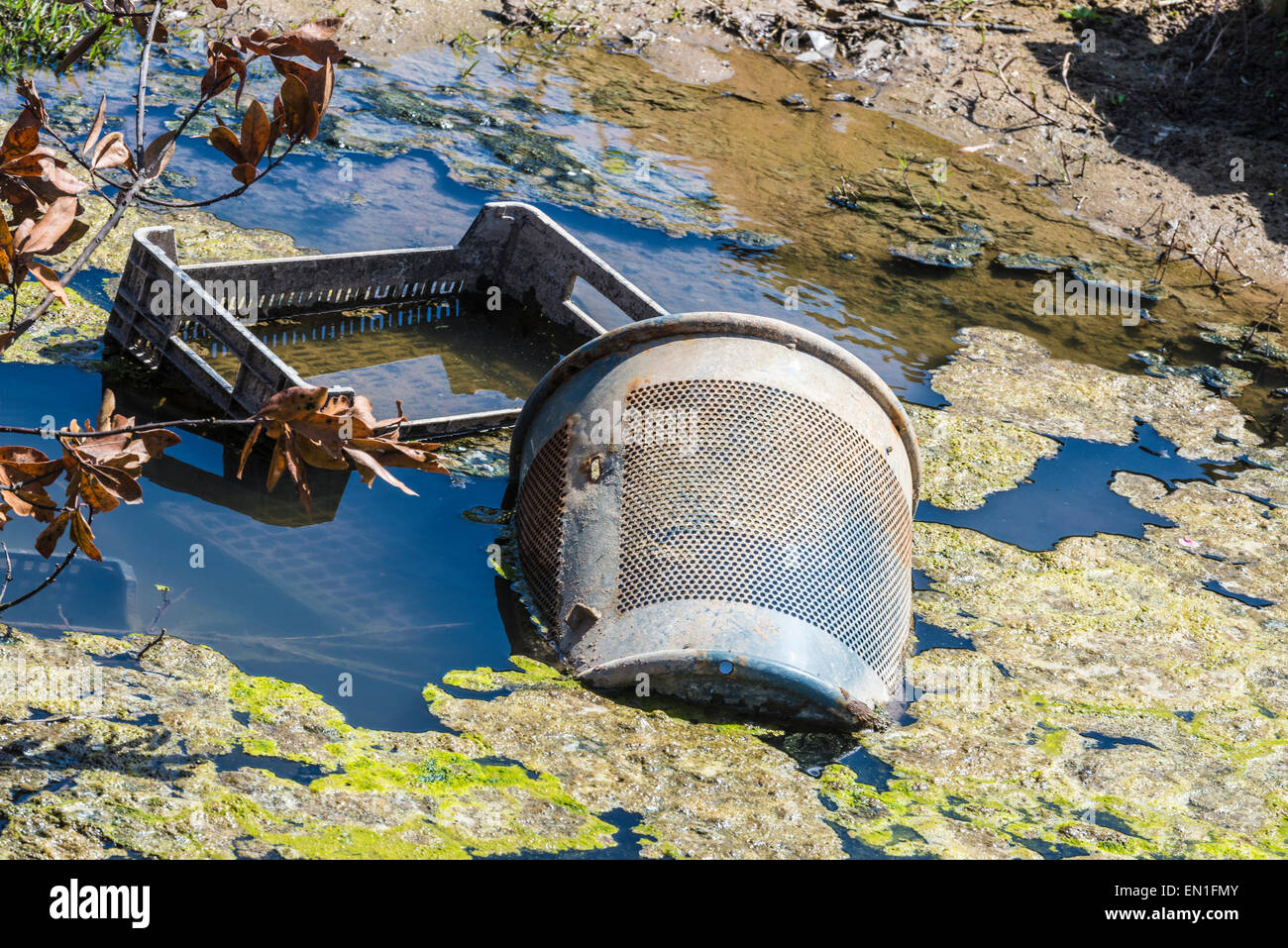 Garbage, plastic boxes and bin pulled into a river with contaminated ...