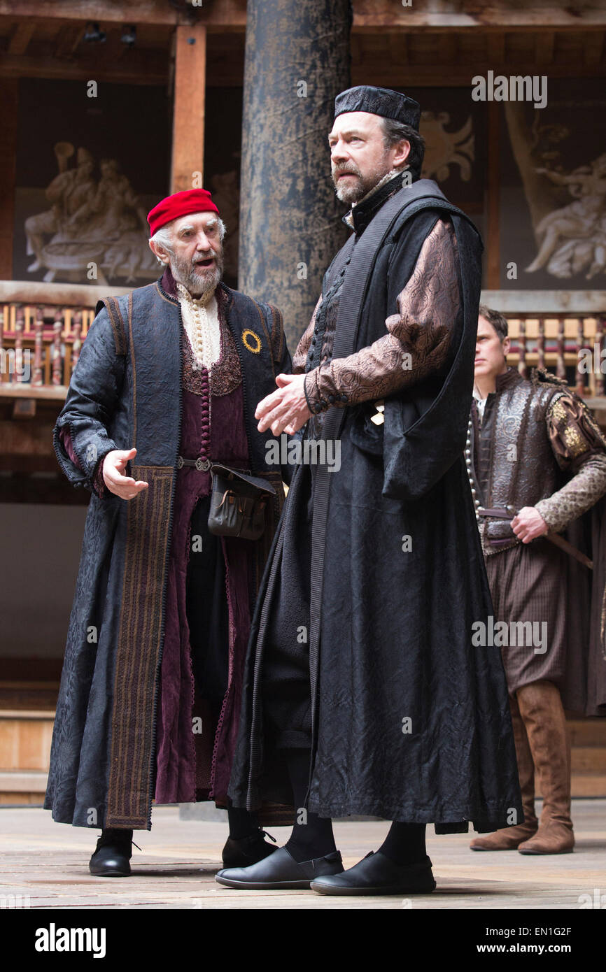 London, UK. 25 April 2015. Jonathan Pryce as Shylock, Dominic Mafham as ...