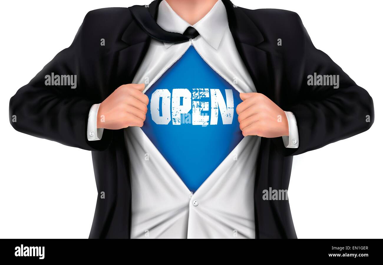 businessman showing Open word underneath his shirt over white ...