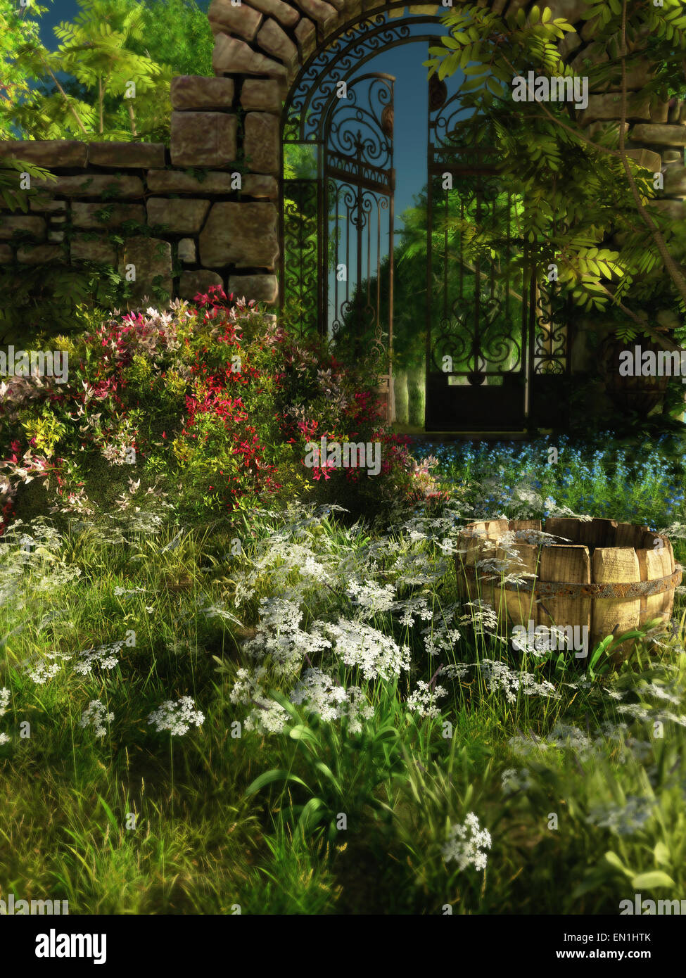 3D computer graphics of a garden with gate, bucket and blooming plants ...
