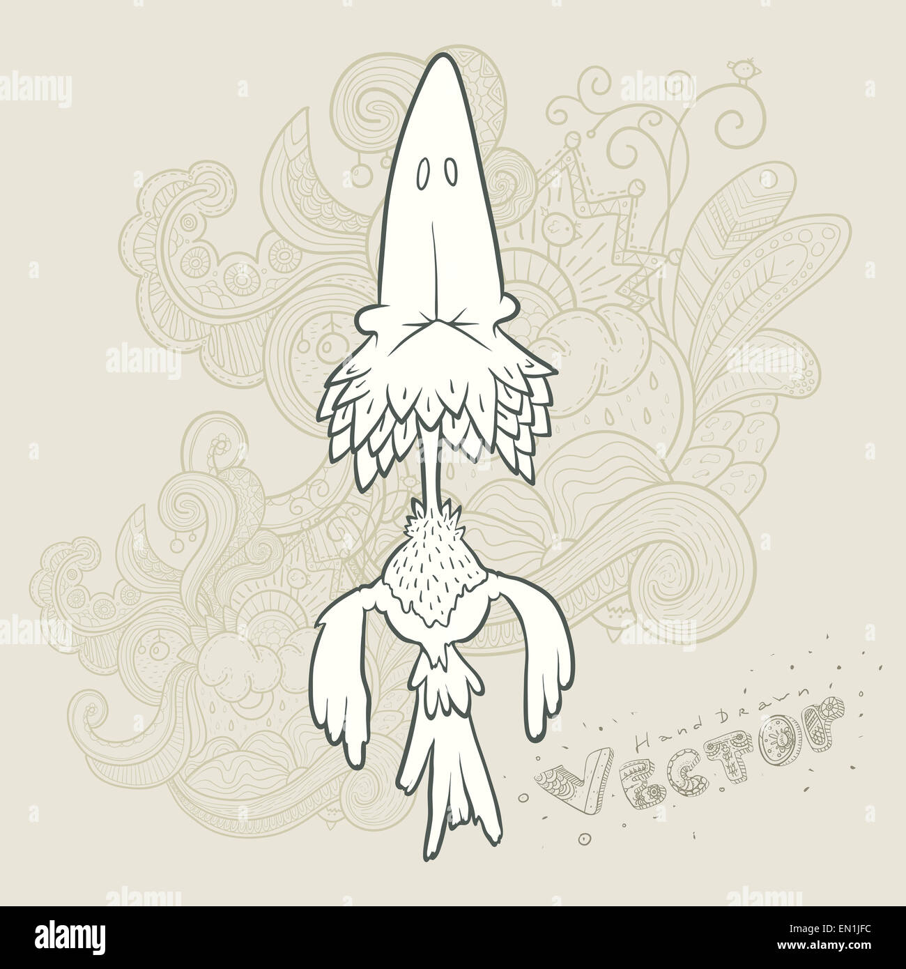 Illustration hand drawn vector retro cartoon bird with abstract floral ...