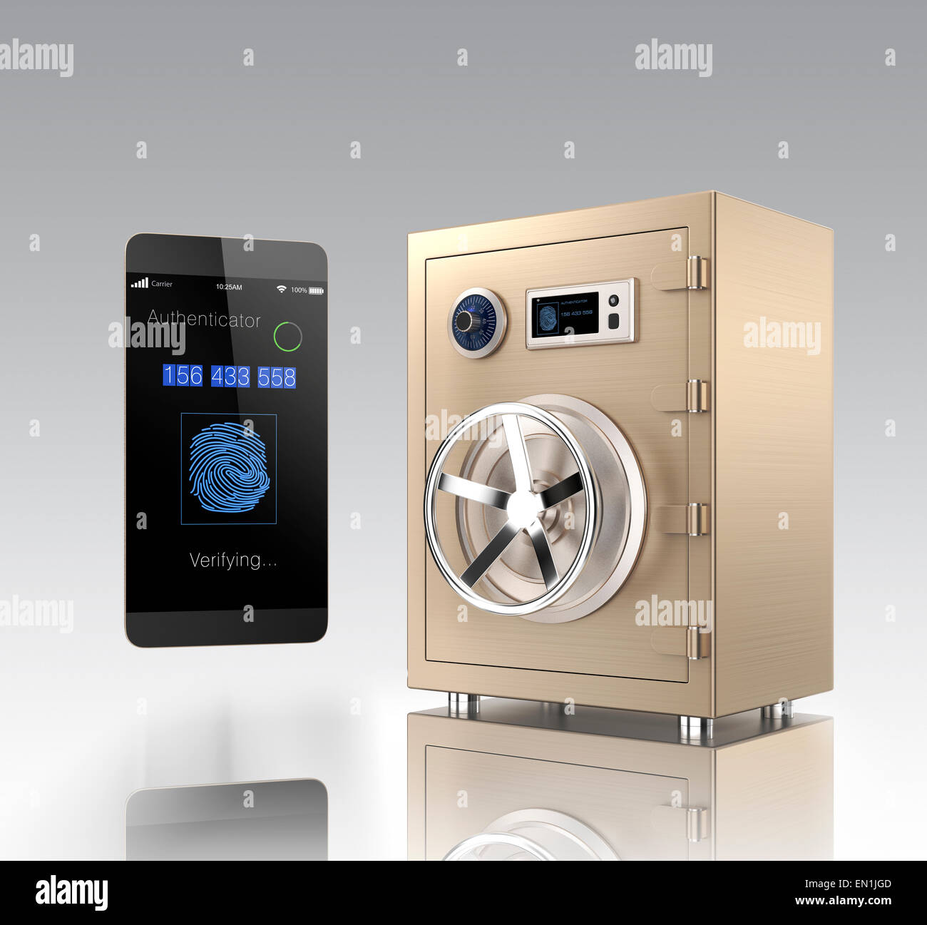 Smart phone authentication app unlock a gold metal safe. Clipping path ...