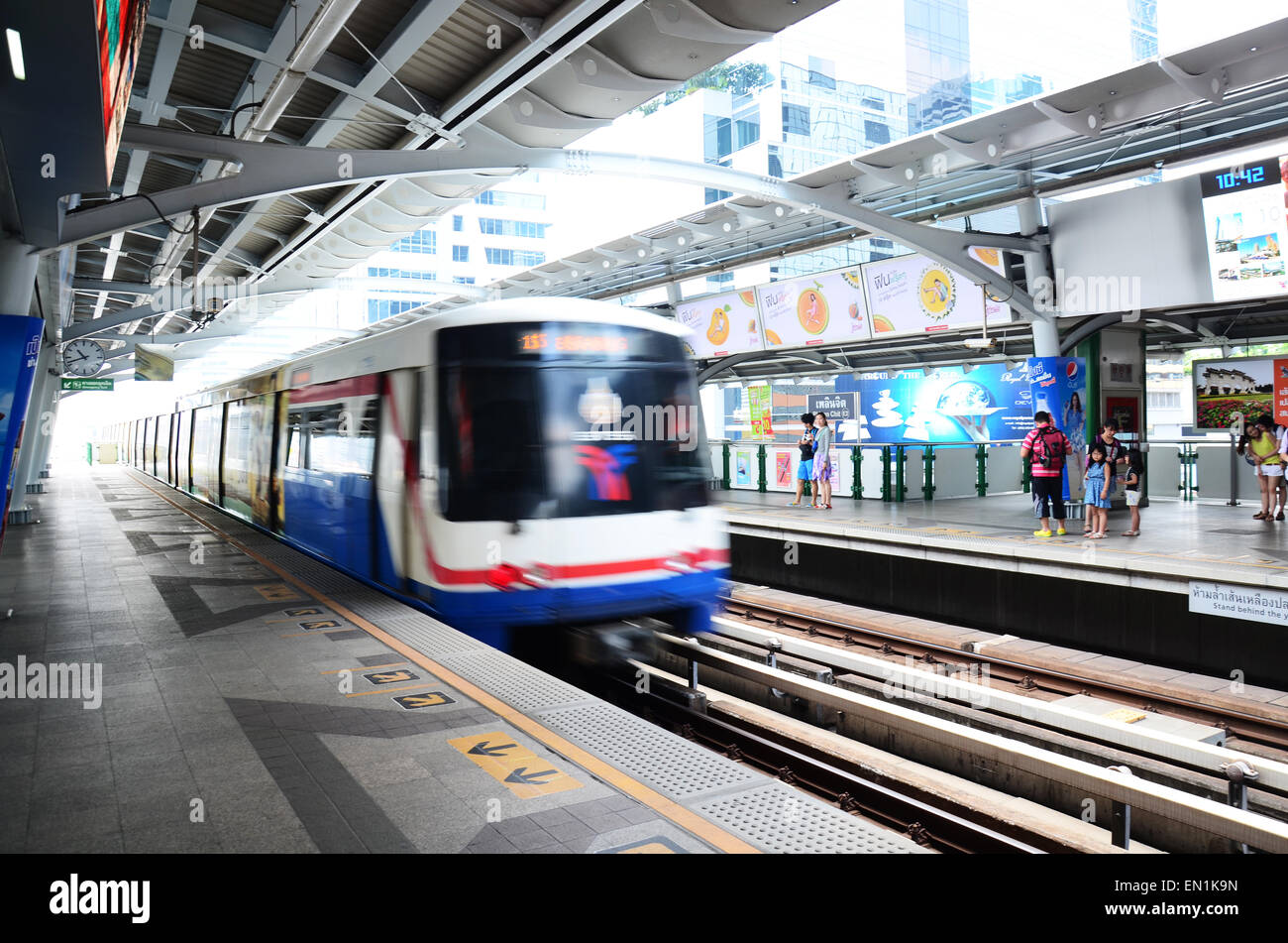 BTS or Skytrain stop receive people at Prathumwan Station on April 5, 2015 in Bangkok Thailand ...