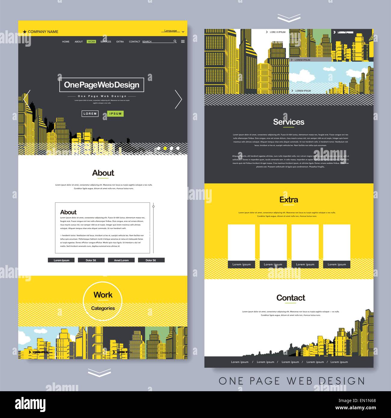 one page website design template with yellow city scene background ...