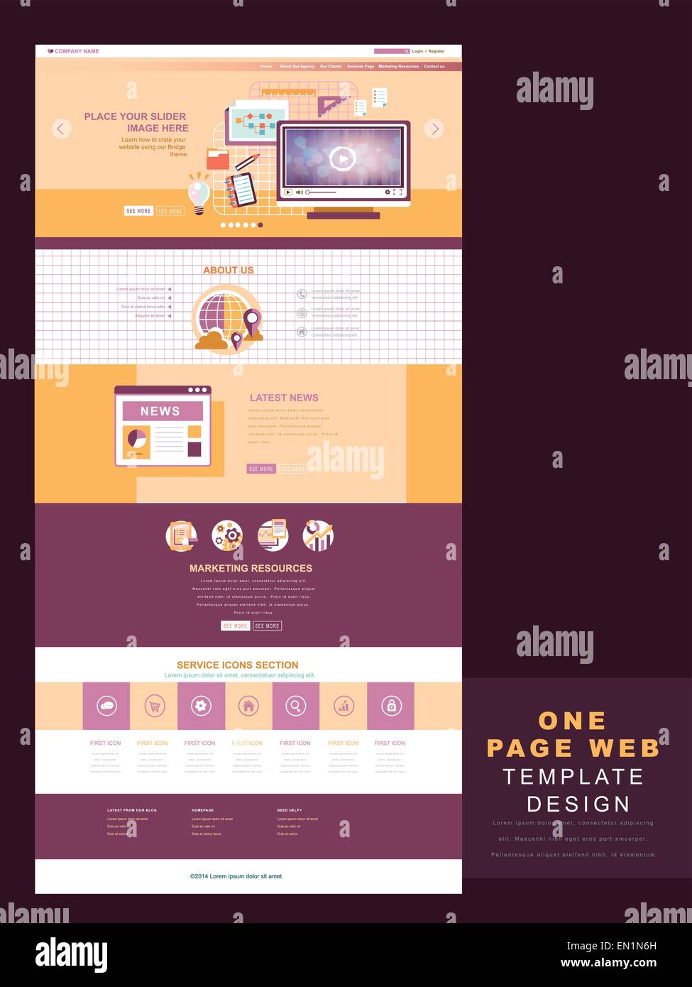 flat design one page website template in purple and yellow Stock Vector ...