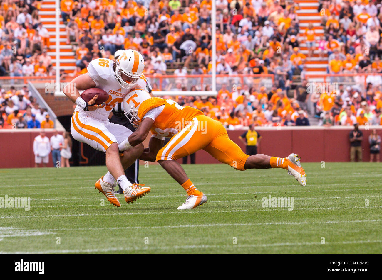 April 25, 2015: Evan Berry #29 tackles A.J. Branisel #86 during the ...