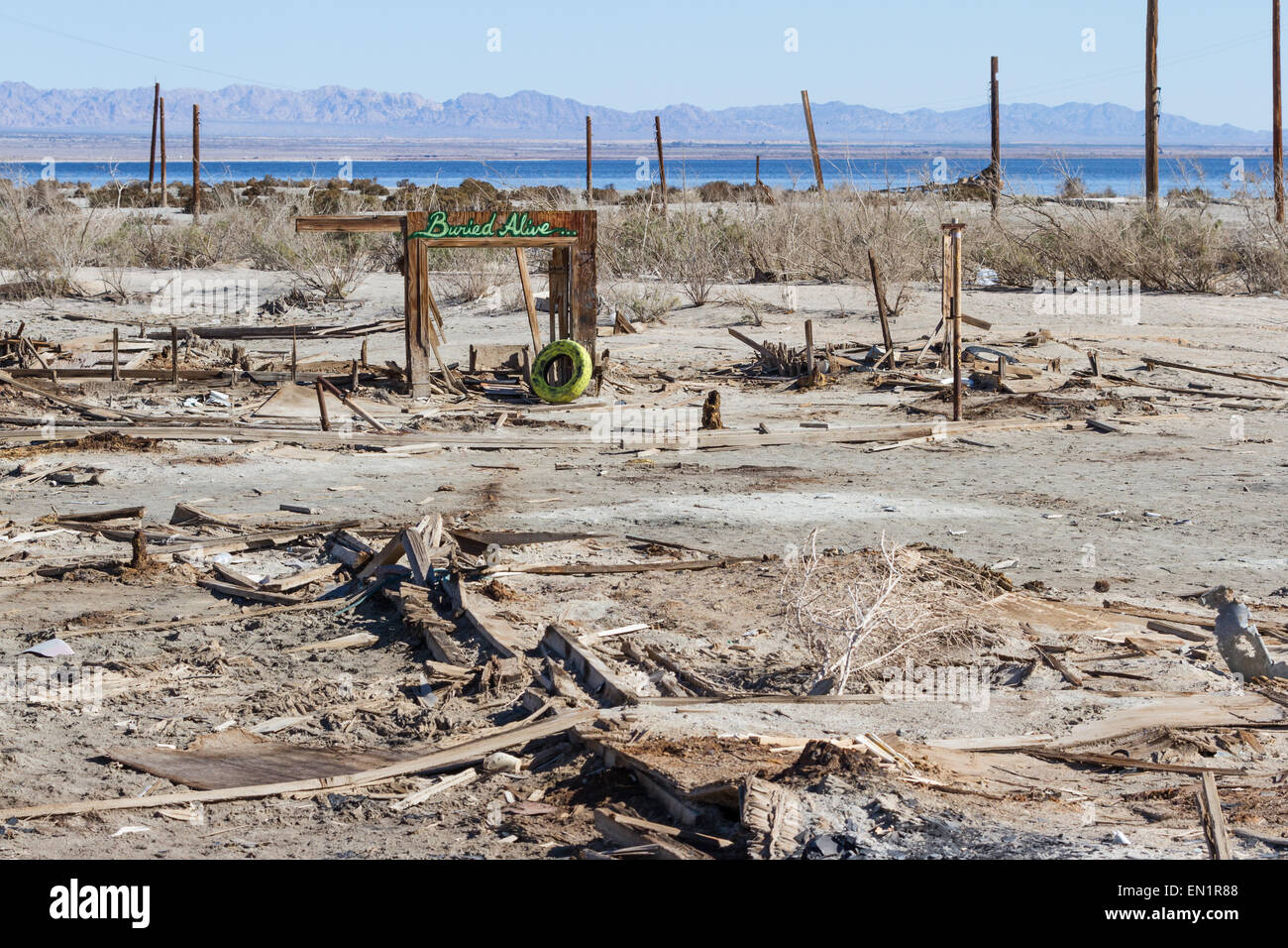 the remains and standing frames of the once popular town Bombay Beach ...
