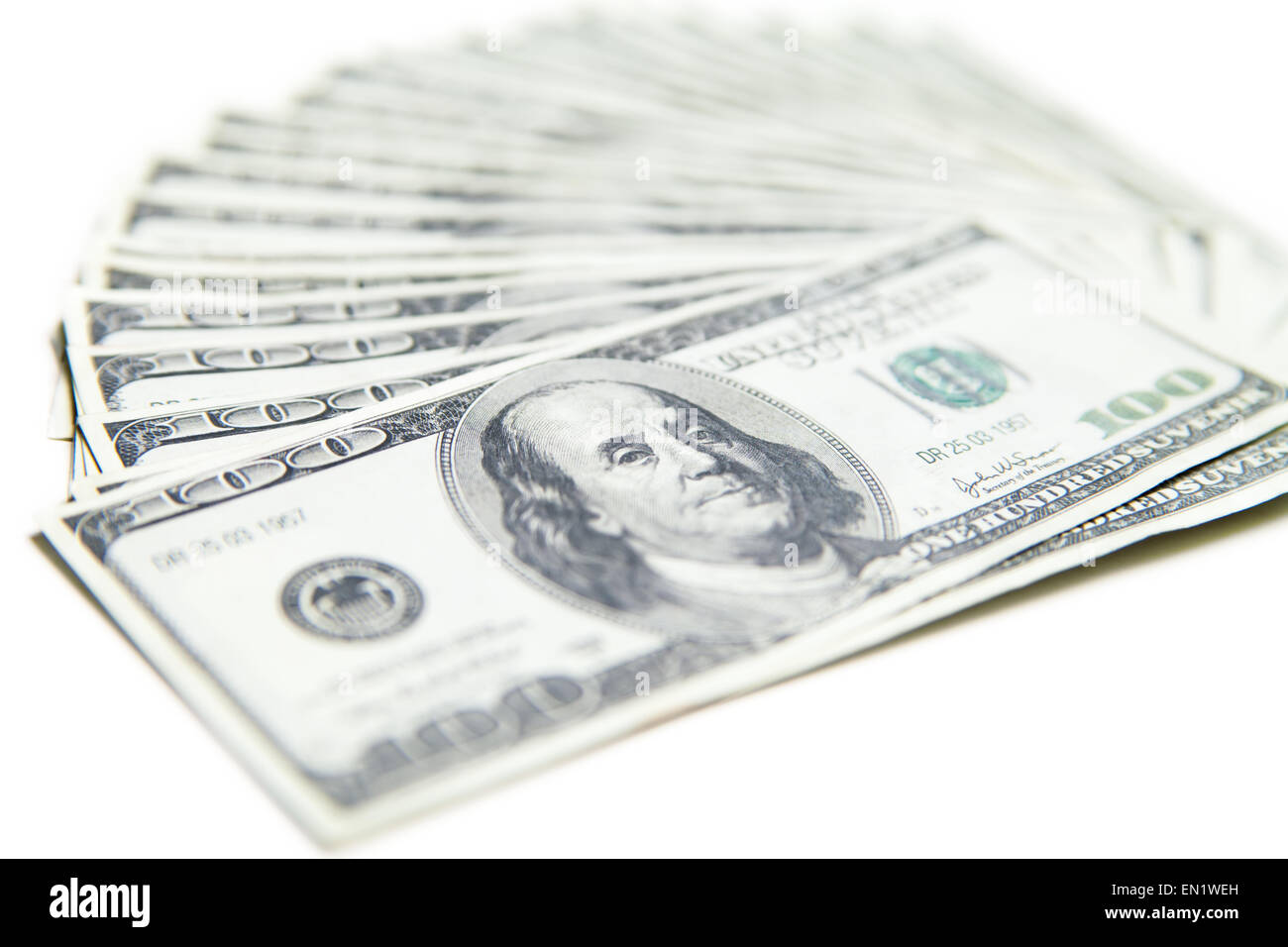 Stack of hundred dollars close-up, focus on the first banknote ...