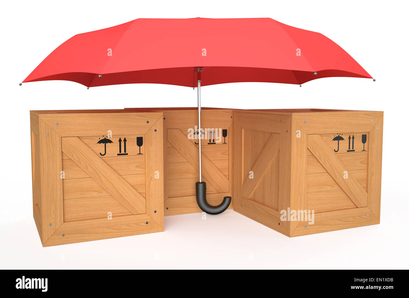 wooden box covered by red umbrella isolated on white background Stock ...