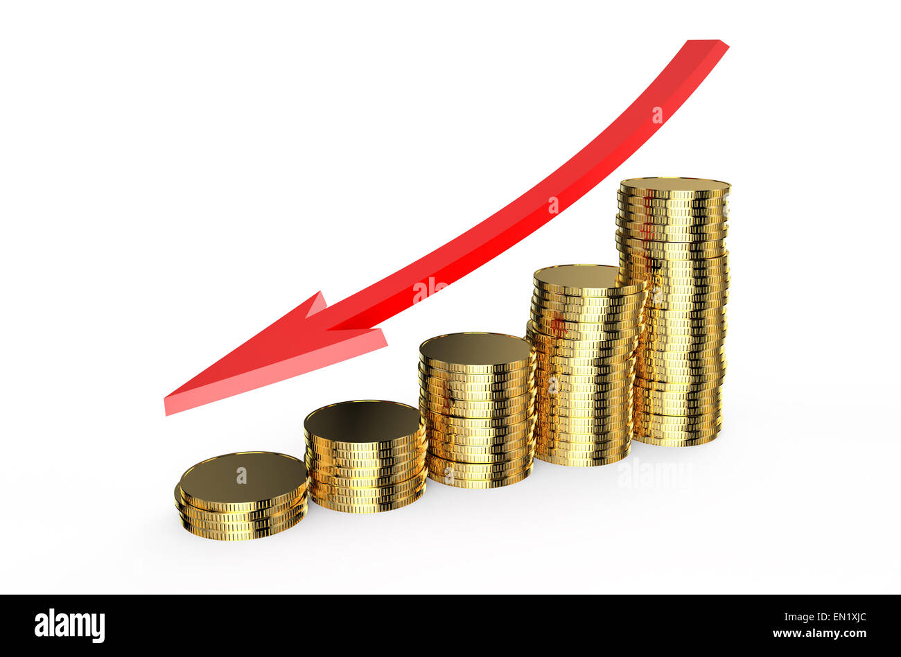 down golden chart from coins with arrow isolated on white background ...