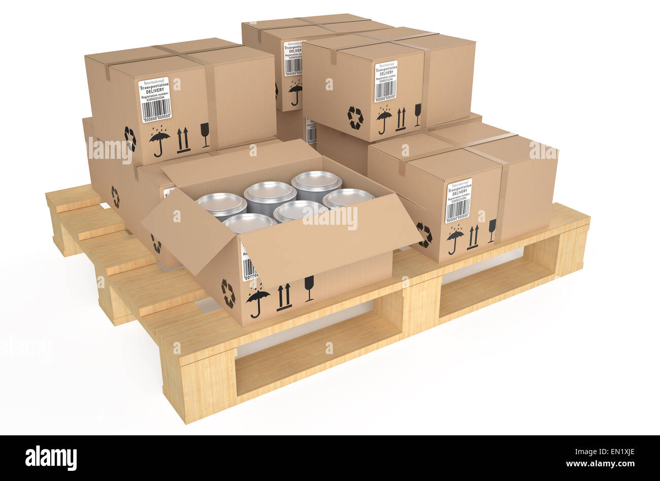 Cardboard boxes on pallet isolated on white background Stock Photo - Alamy
