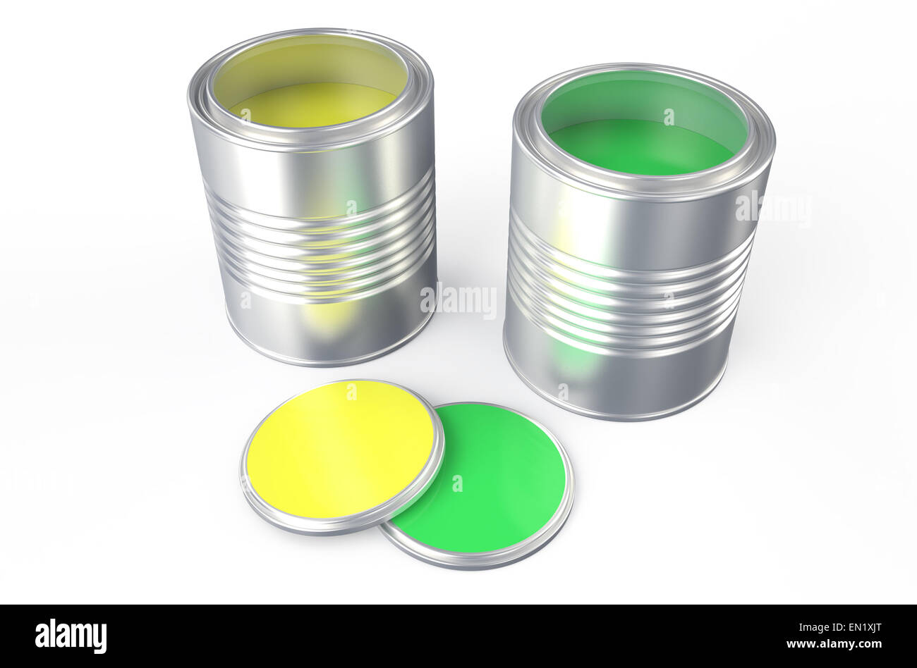 Cans with yellow and green paint isolated on white background Stock ...