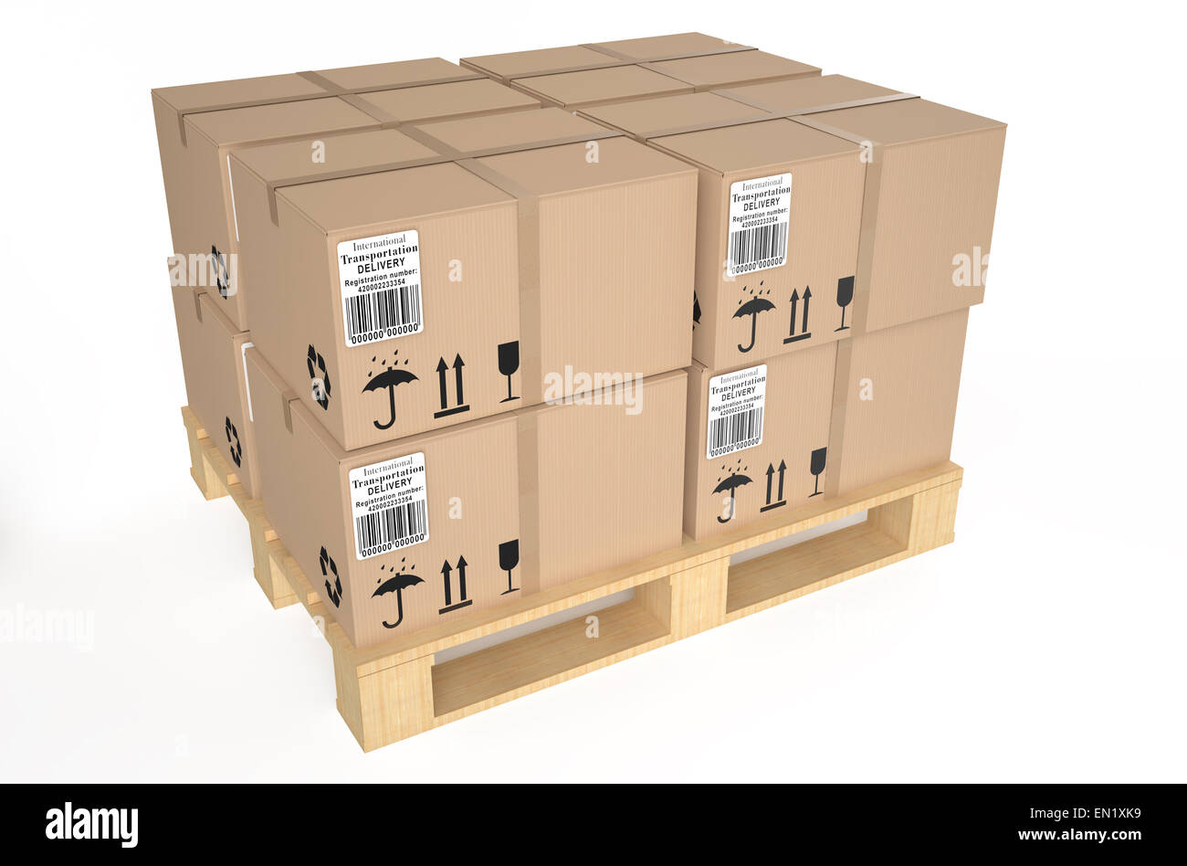 Cardboard boxes on pallet isolated on white background Stock Photo - Alamy