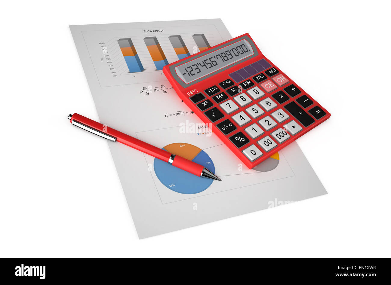 Office red calculator, paper and pen on financial reports isolated on ...
