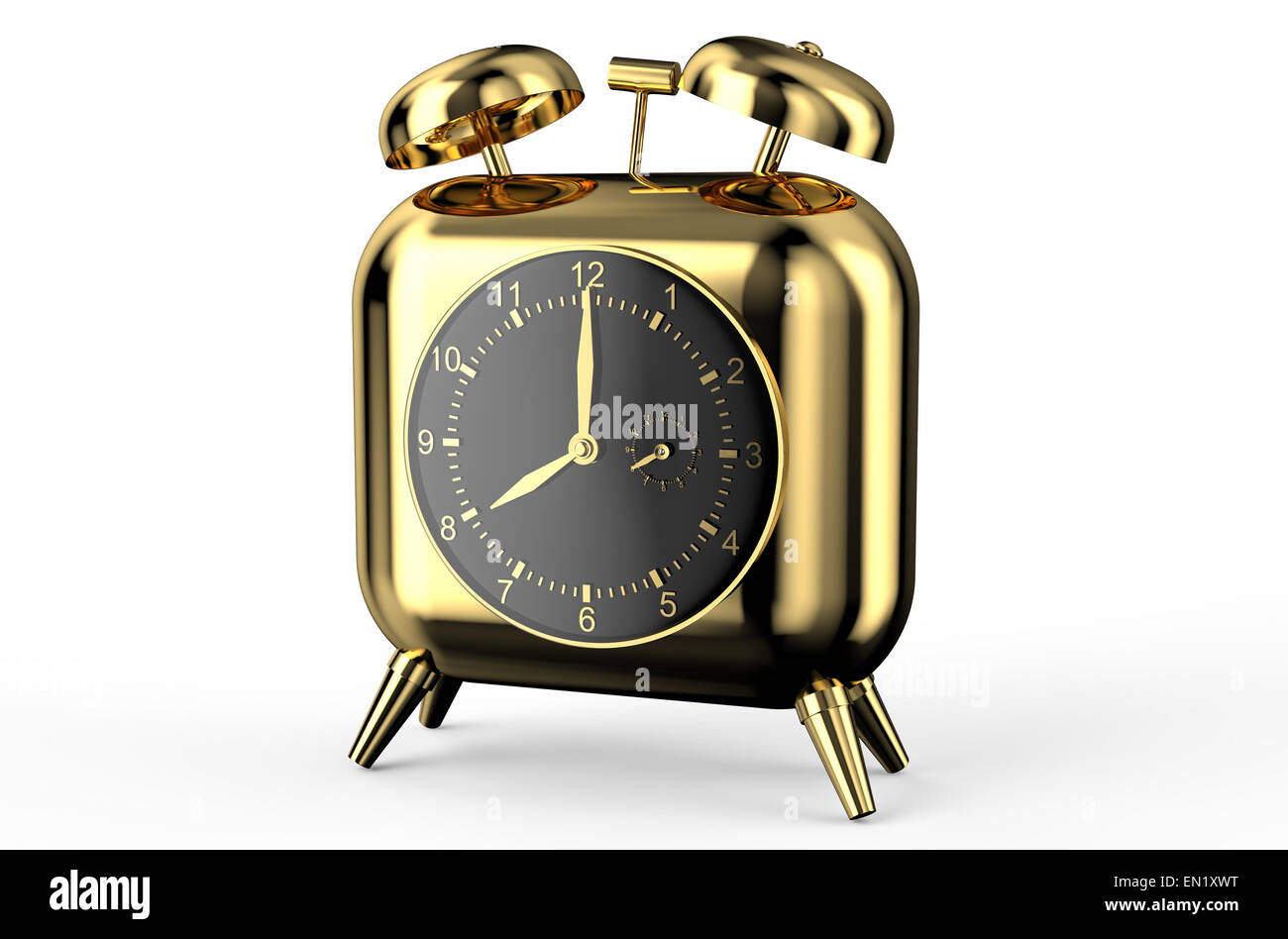square golden alarm clock isolated on white background Stock Photo - Alamy