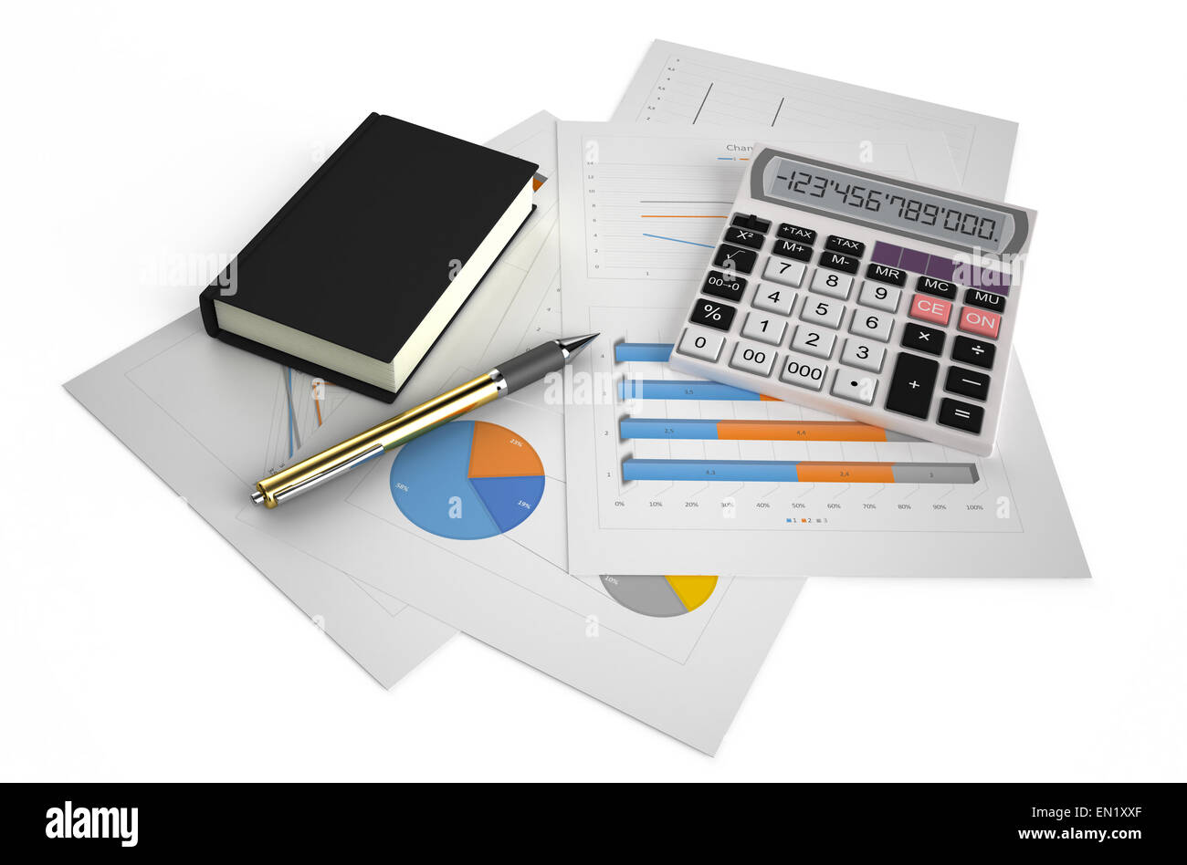 Office calculator, notepad, and pen on financial reports isolated on ...