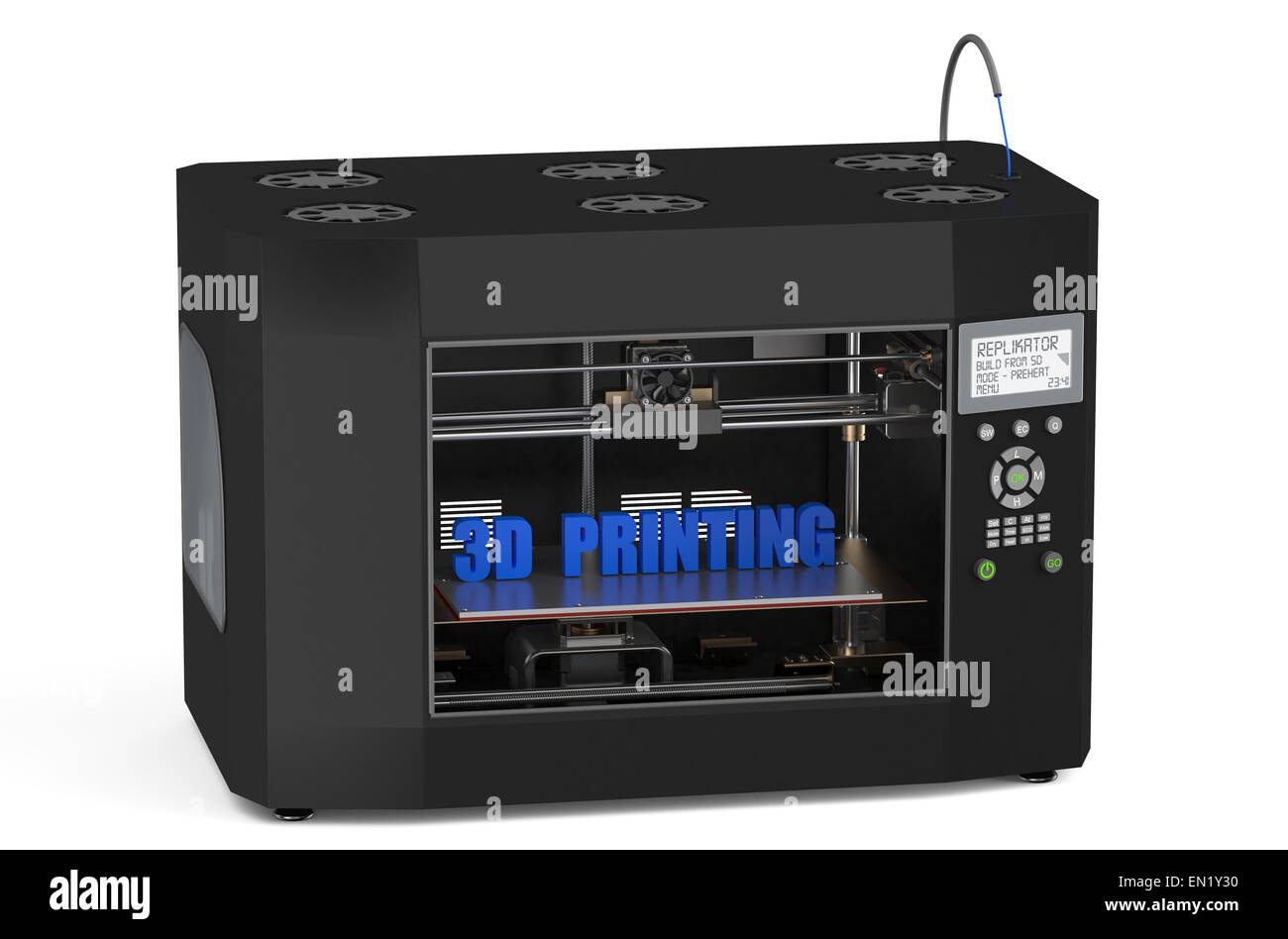 Three dimensional printer in action isolated on white background Stock ...