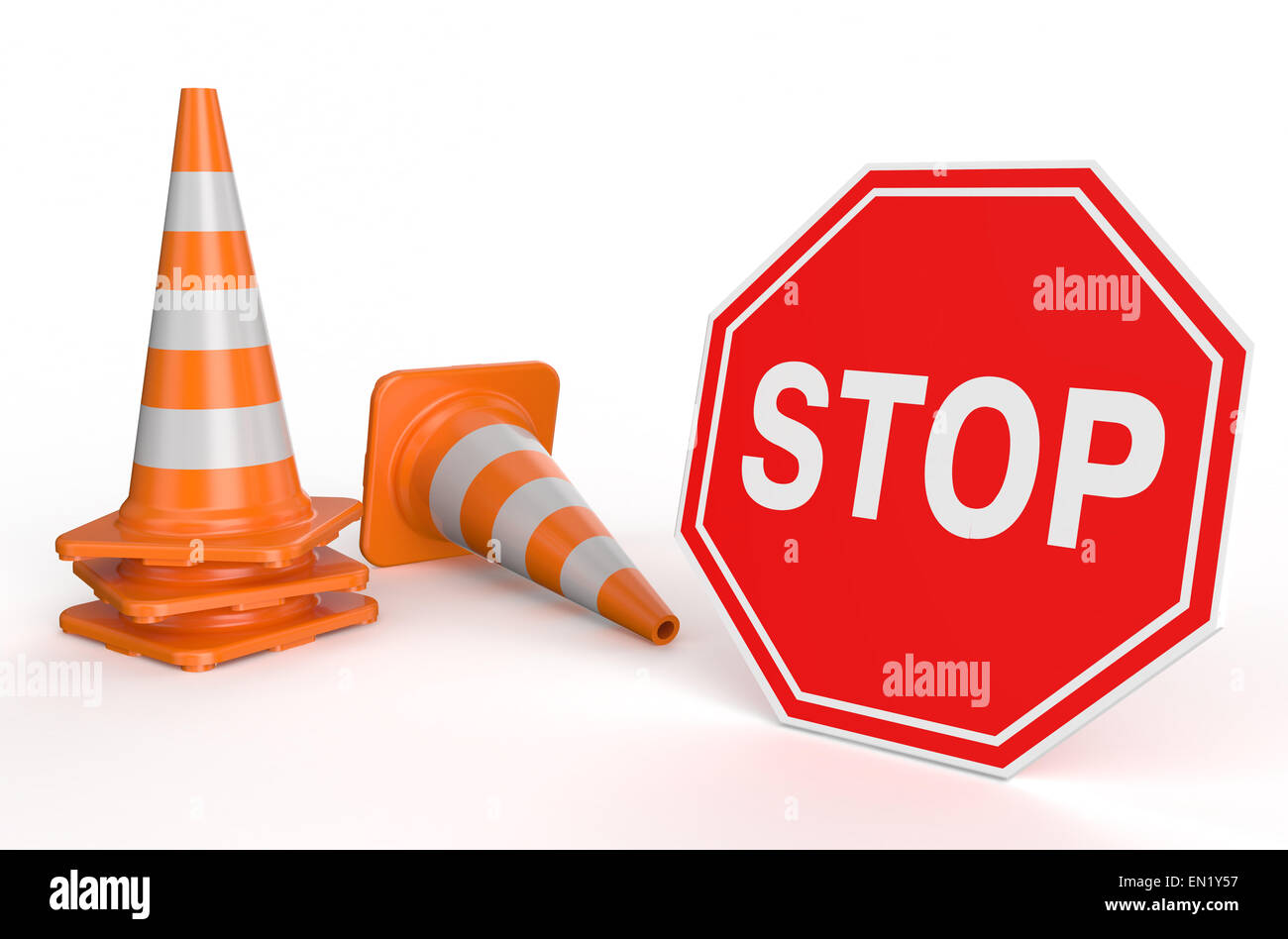 Traffic cones and sign stop isolated on white background Stock Photo ...