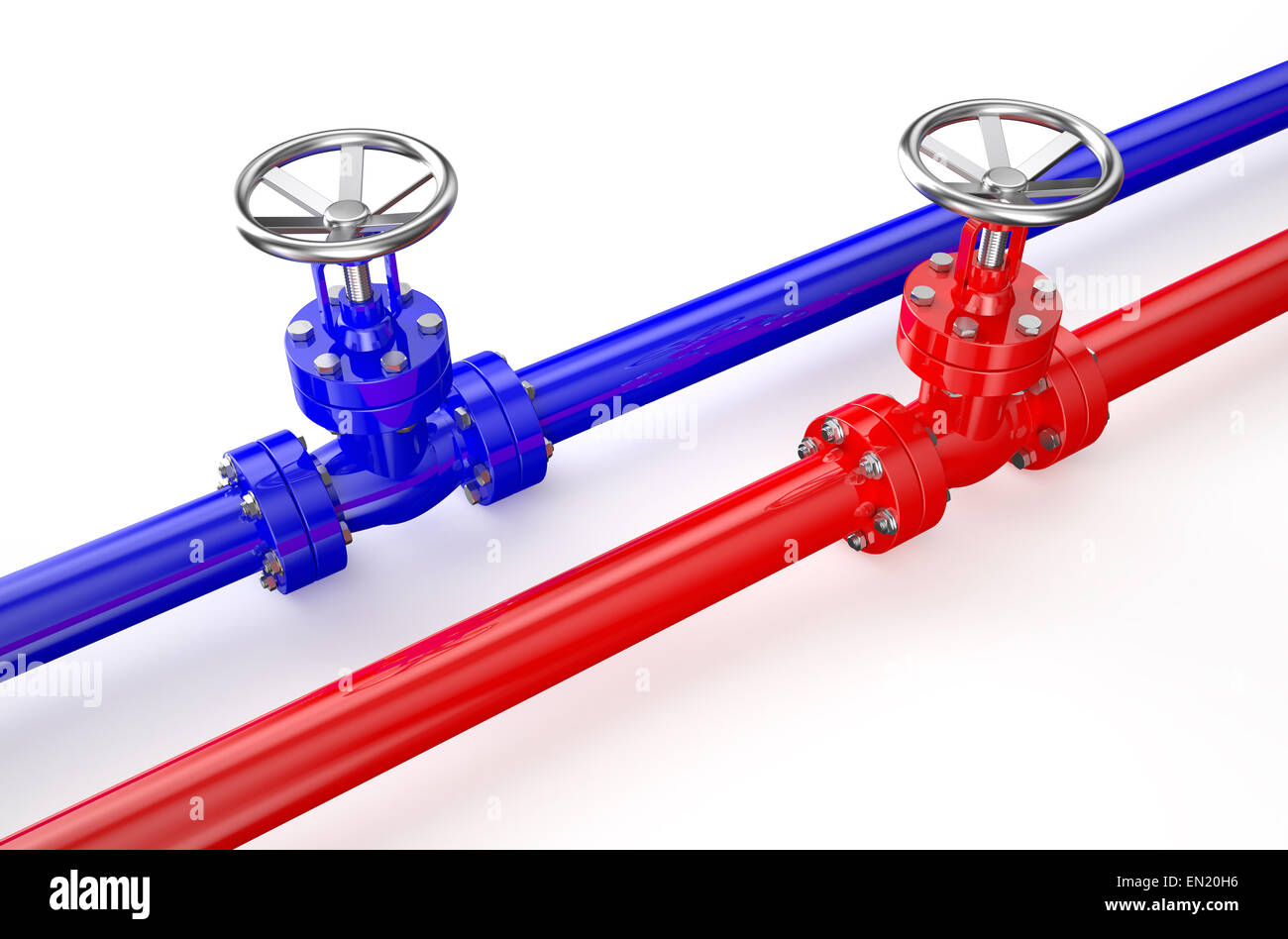 Red and blue pipelines and valves isolated on white background Stock ...