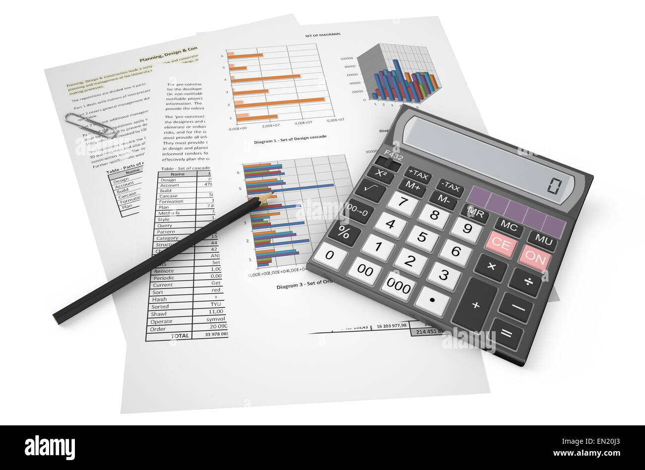 Office calculator, pensil, clips, and documents isolated on white ...