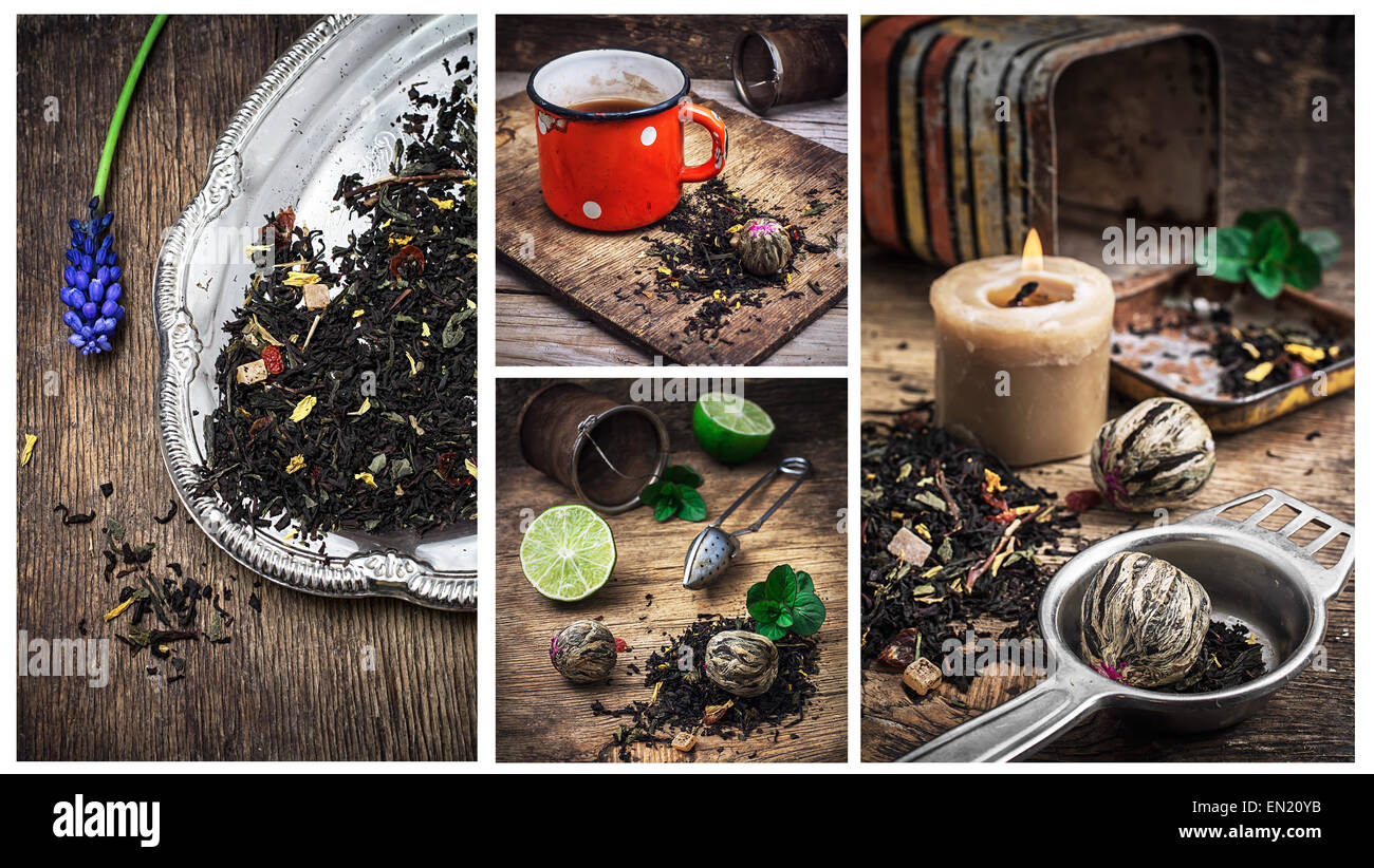 collage of tea paraphernalia and scattered leaves on a wooden table ...