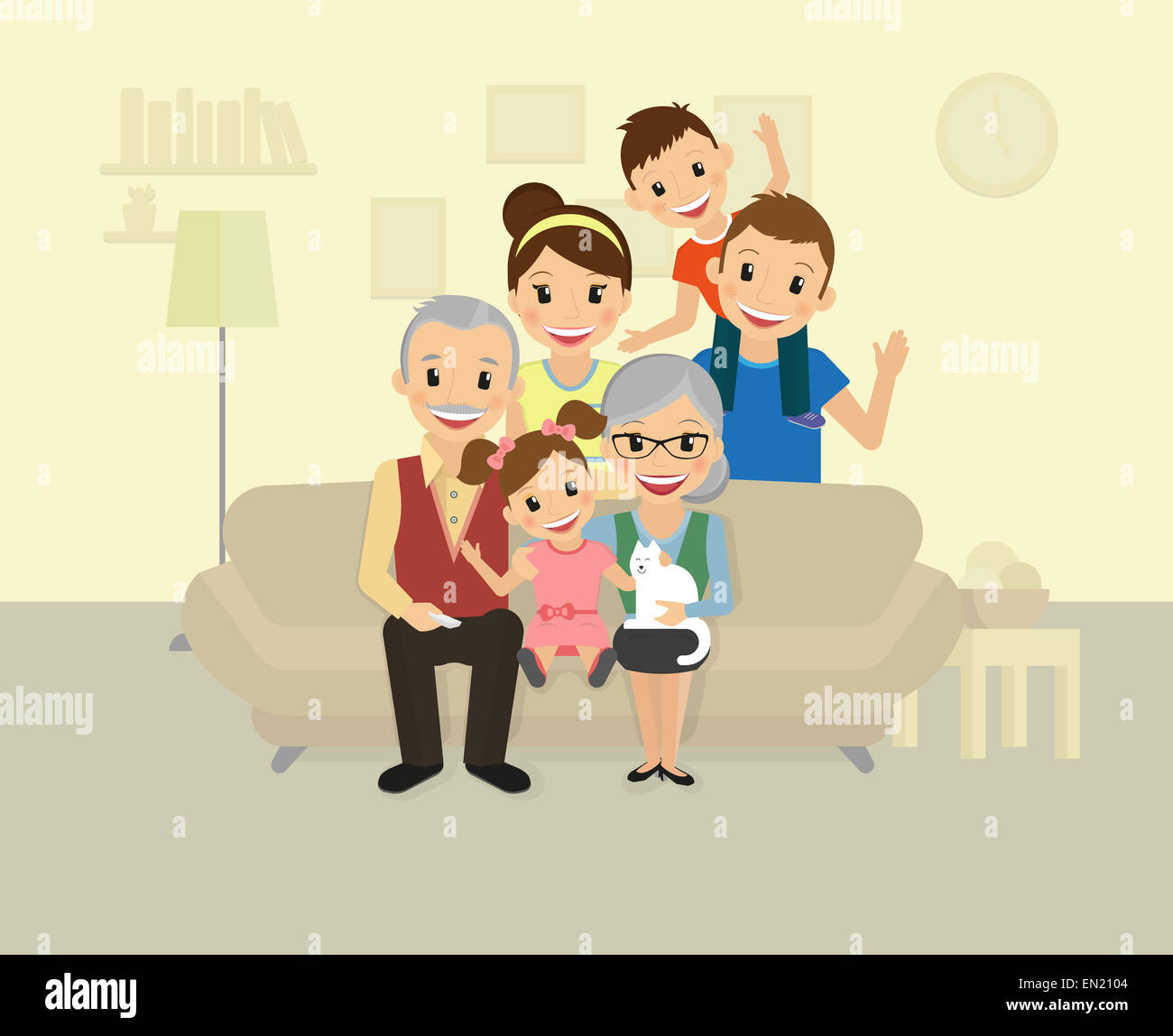 Happy family. Smiling dad, mom, grandparents and two kids sitting at ...