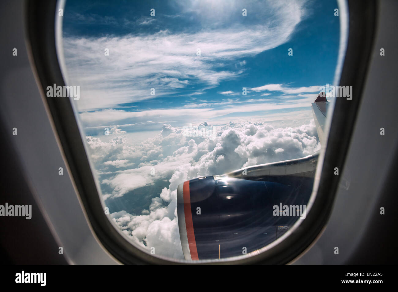 Classic image through aircraft window onto jet engine Stock Photo - Alamy