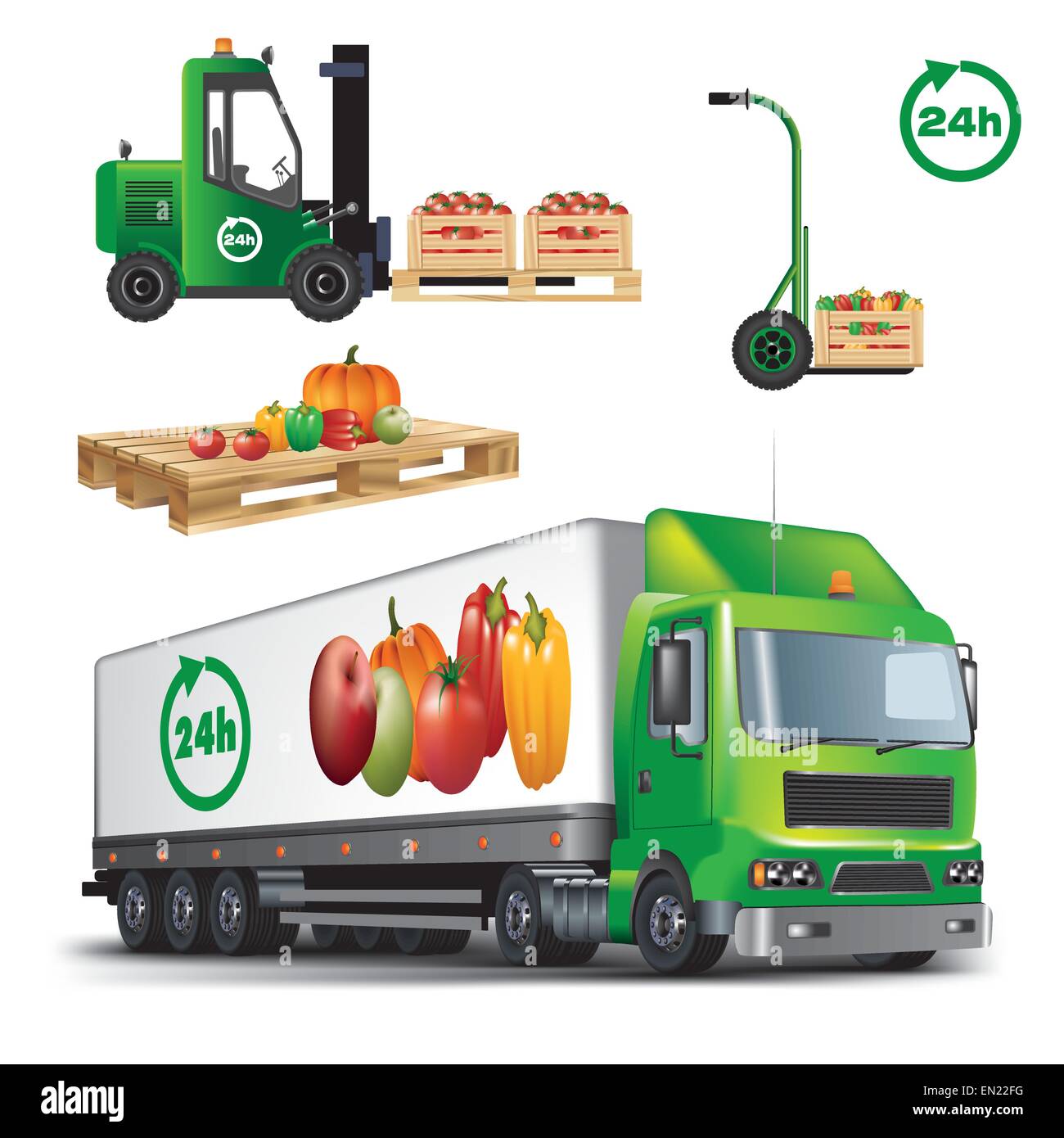 Fresh fruit and vegetables delivery. Vector color illustration on white ...