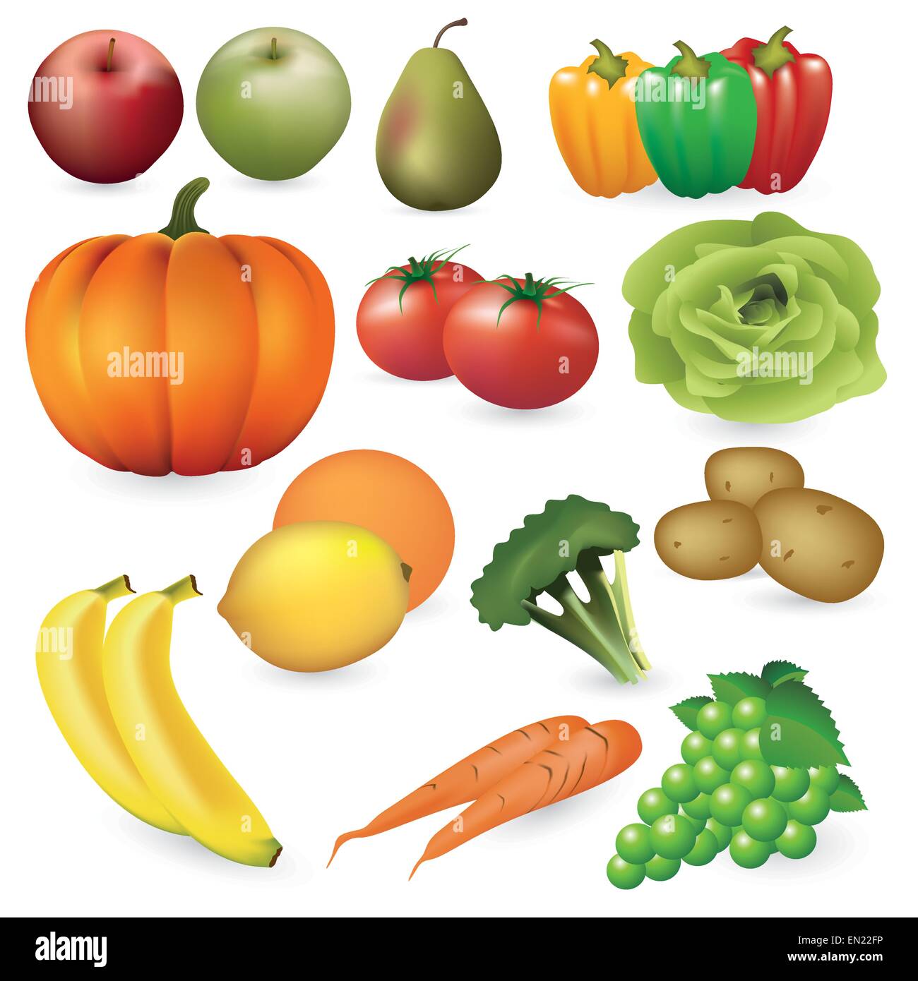 Set of fresh fruits and vegetables. Vector color illustration on white ...