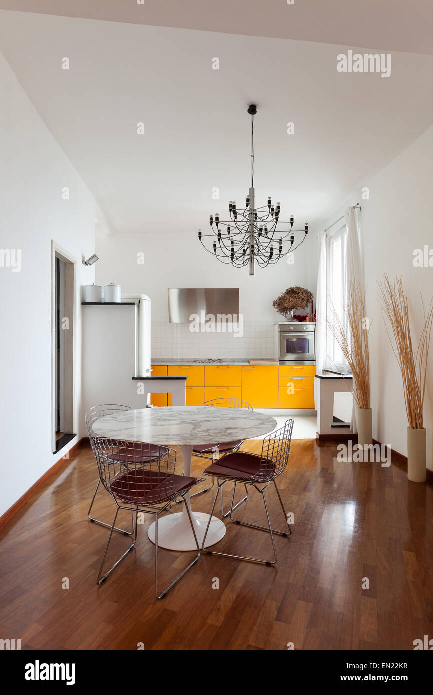 Nice apartment, interior, comfortable dining room, parquet floor Stock ...