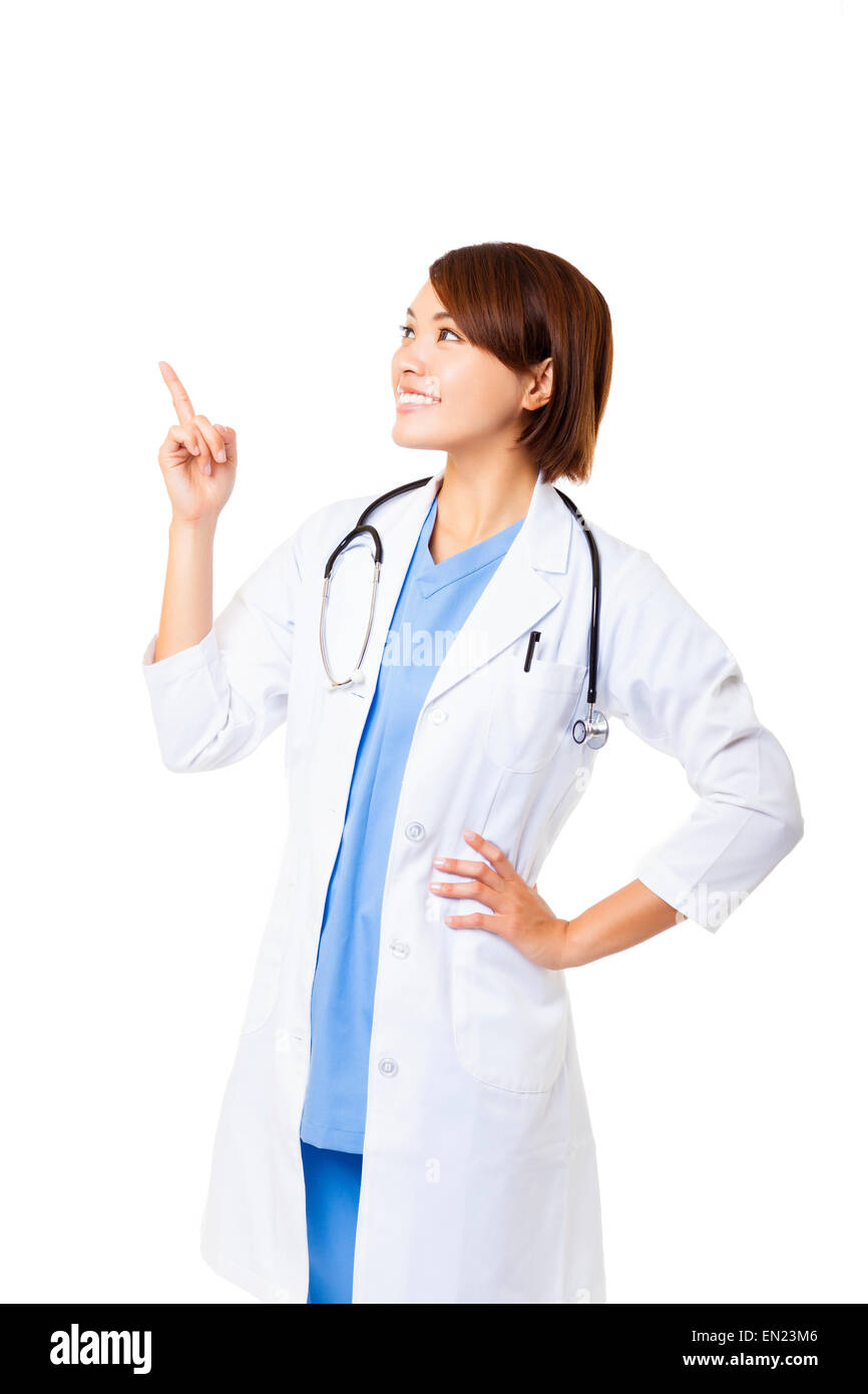 Smiling medical doctor woman pointing Stock Photo - Alamy